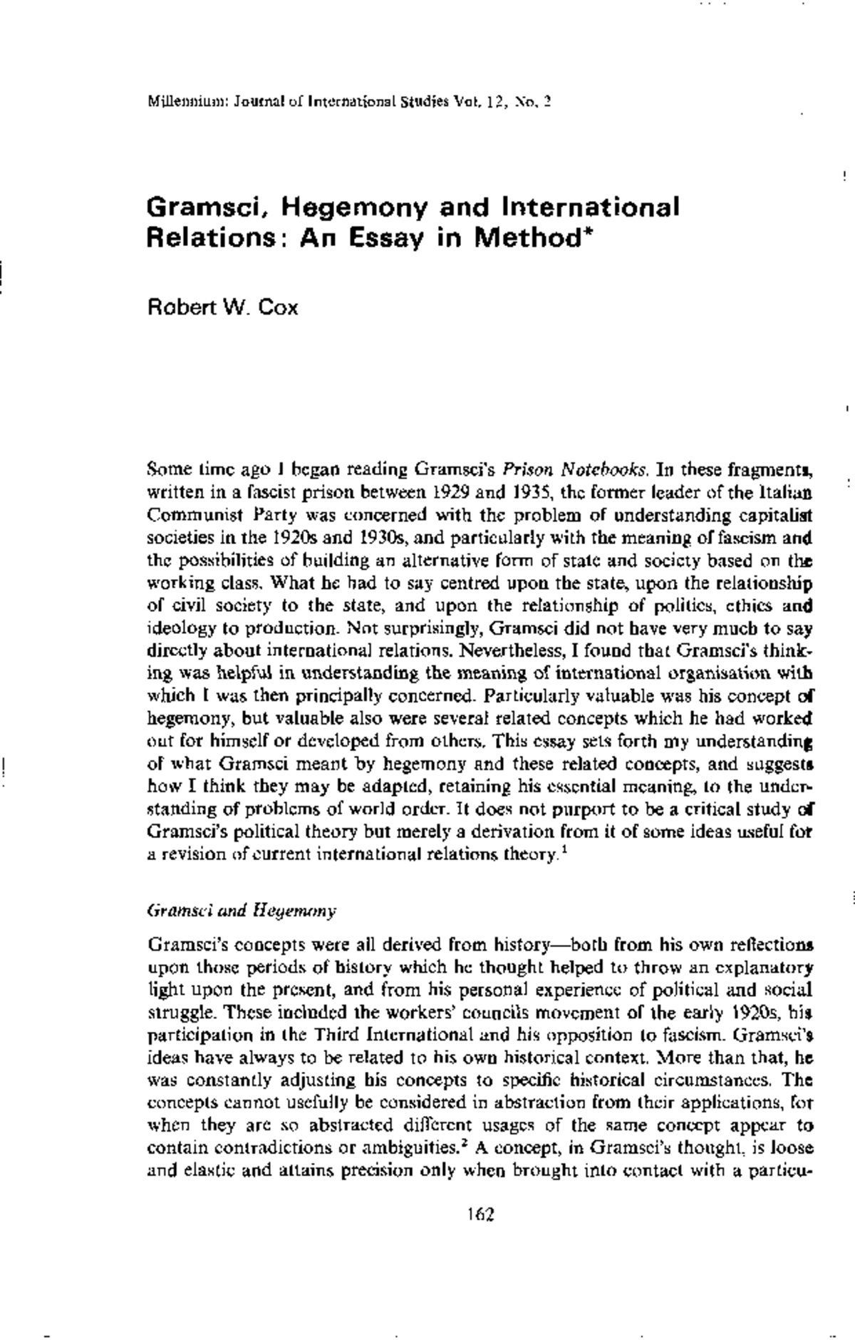 Cox 1983 gramsci hegemony and international relations an essay in method - Studocu