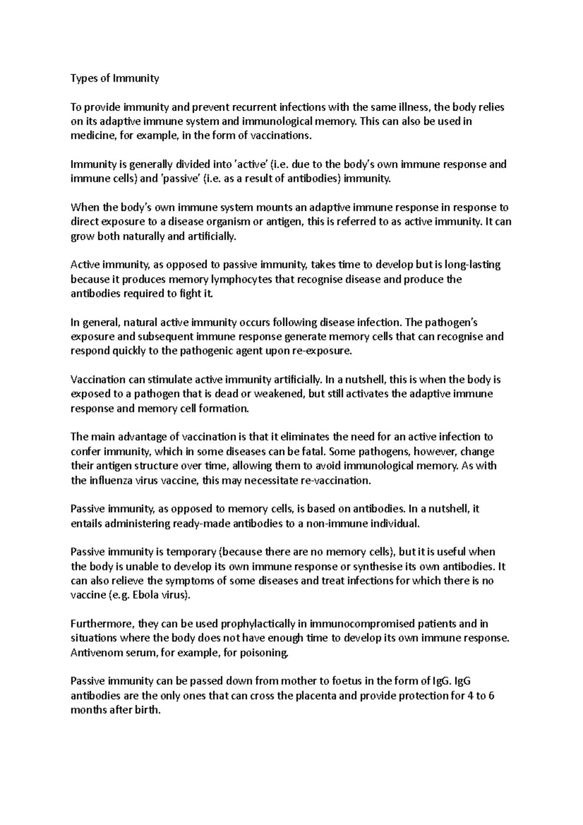 Types of Immunity - Physiology notes - Types of Immunity To provide ...