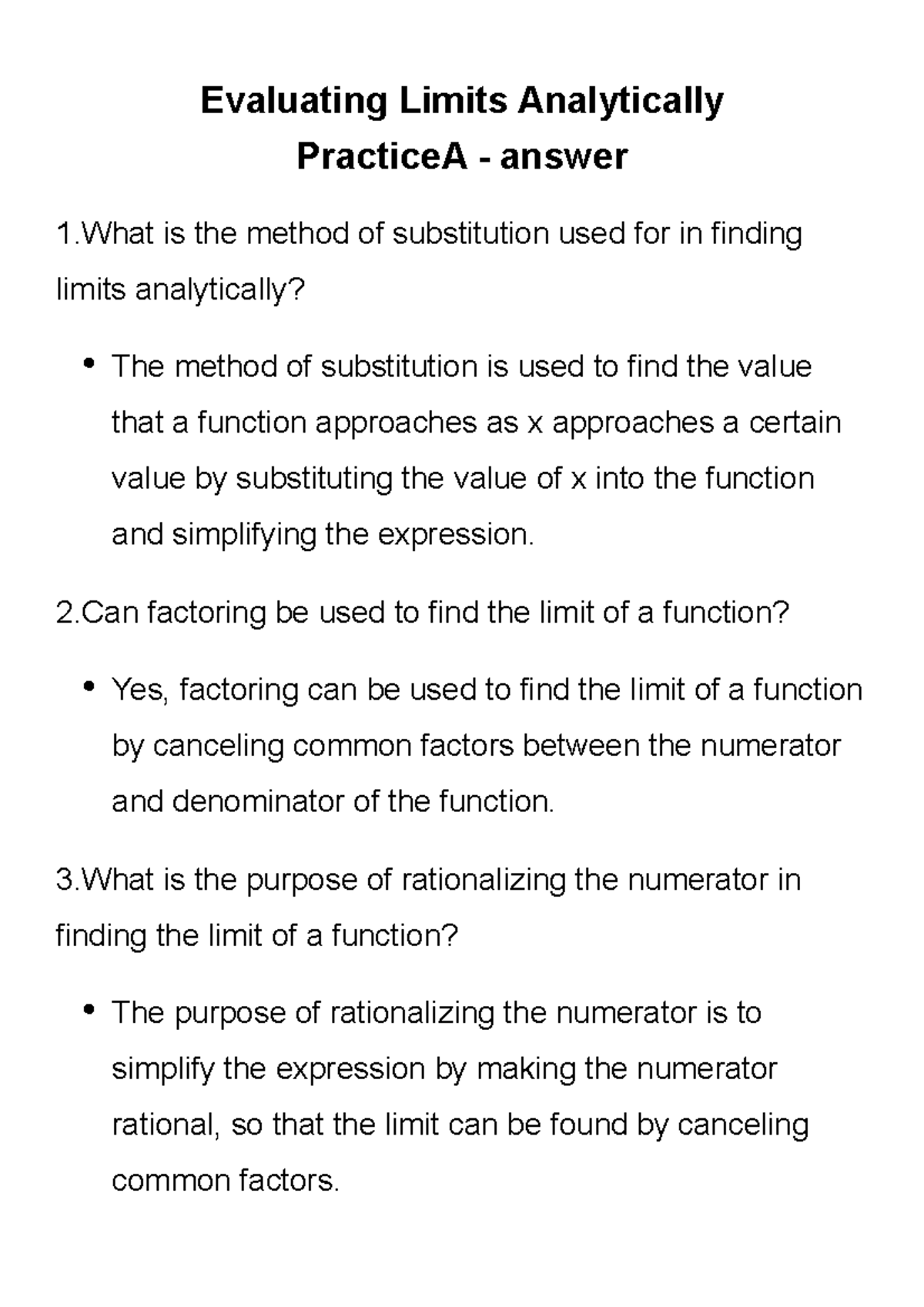 Evaluating Limits Analytically Practice A - answer - Evaluating Limits ...