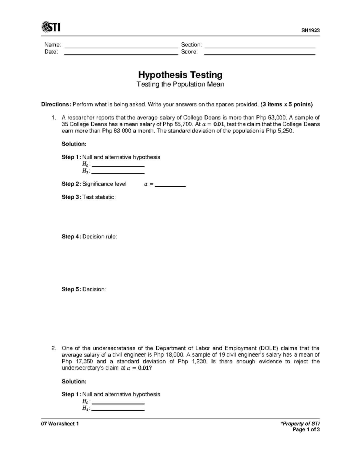 07 Worksheet 1 - Nothing - SH 07 Worksheet 1 *Property of STI Page 1 of ...