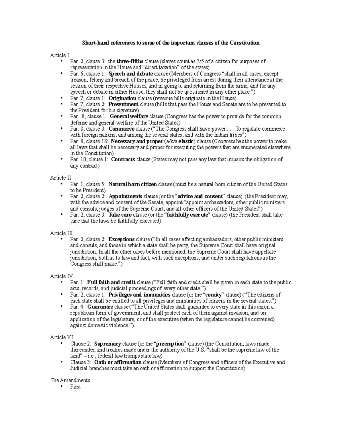 Clauses of the Constitution - Short-hand references to some of the ...