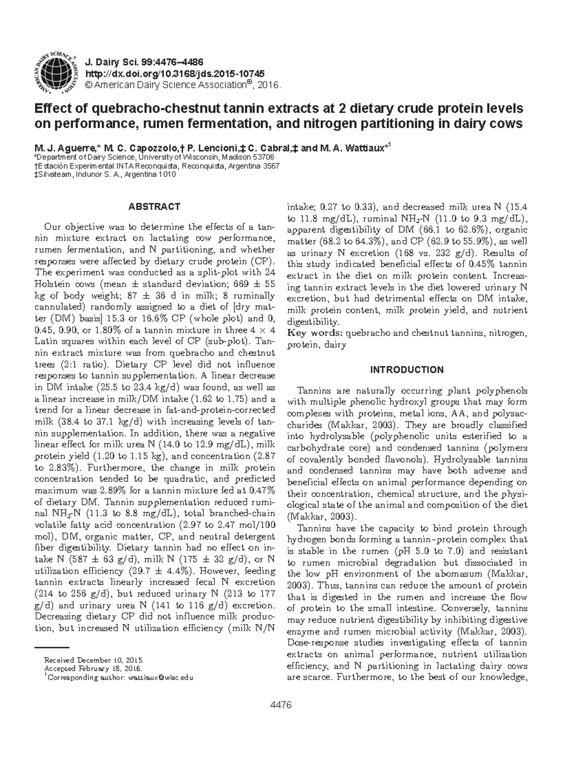 Tannin ROLE IN Rumen Fermentation - 4476 J. Dairy Sci. 99:4476– dx.doi ...
