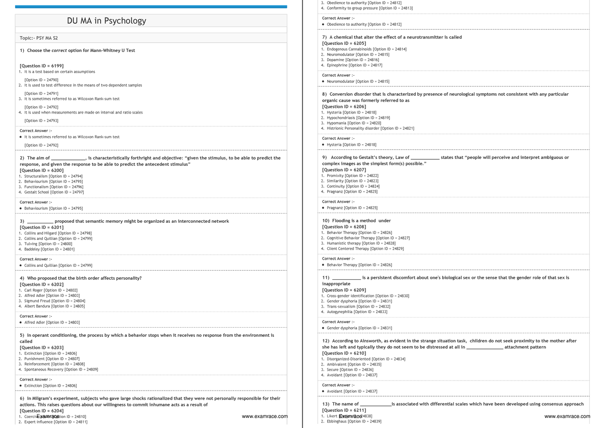 7 Mcqs 1 2 3 4 5 6 DU MA In Psychology Topic 0 PSY MA S