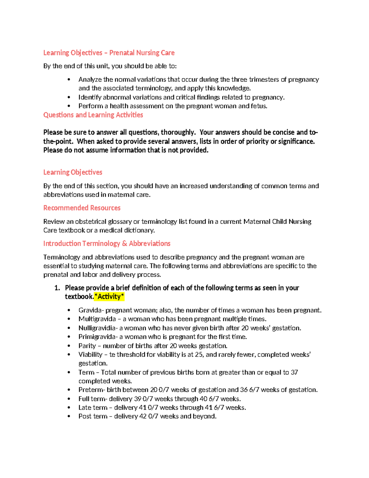 N316L-A- OB Case Study - Learning Objectives – Prenatal Nursing Care By ...