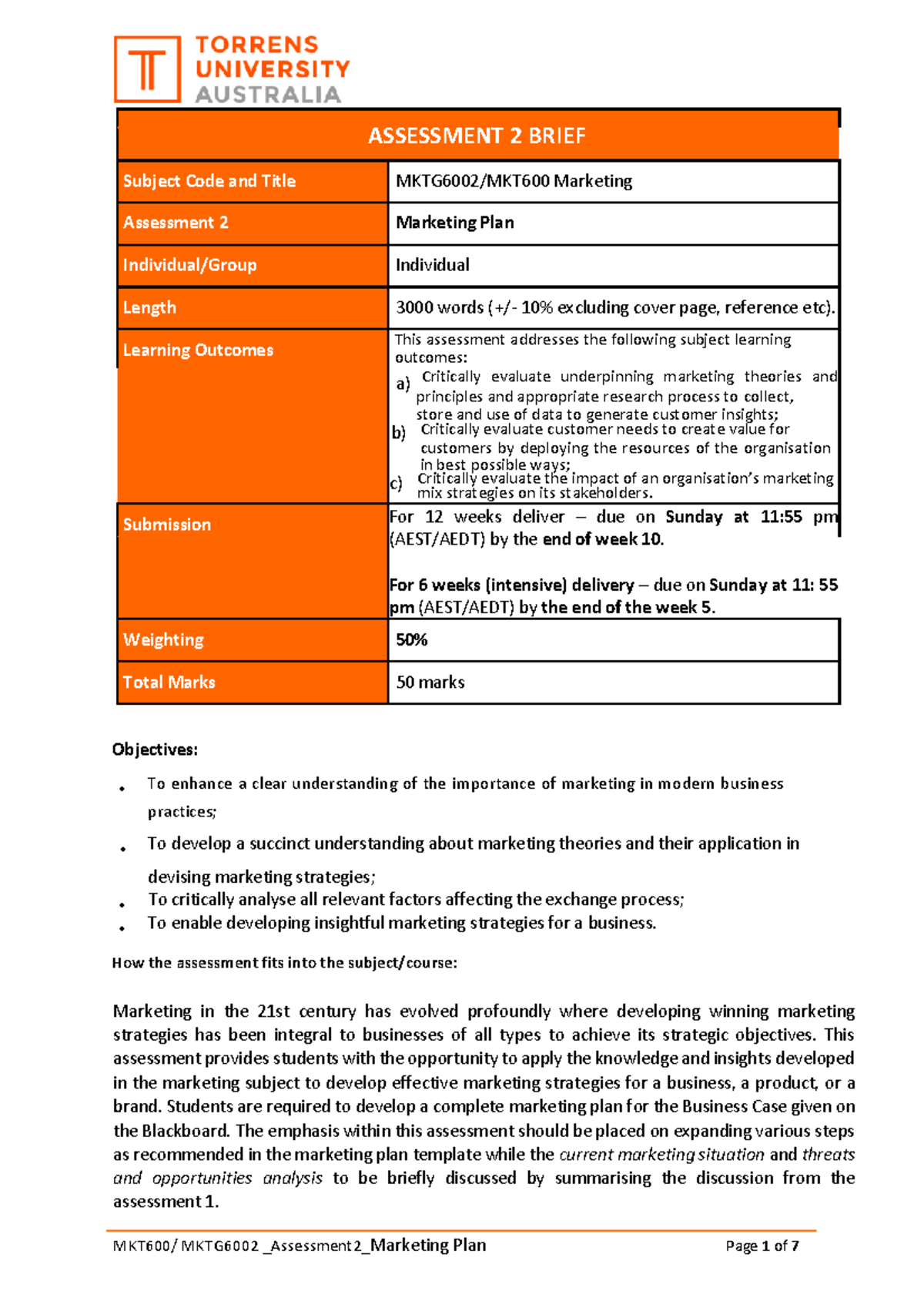 MKT600 Assessment 2 Revised - ASSESSMENT 2 BRIEF Subject Code and Title ...