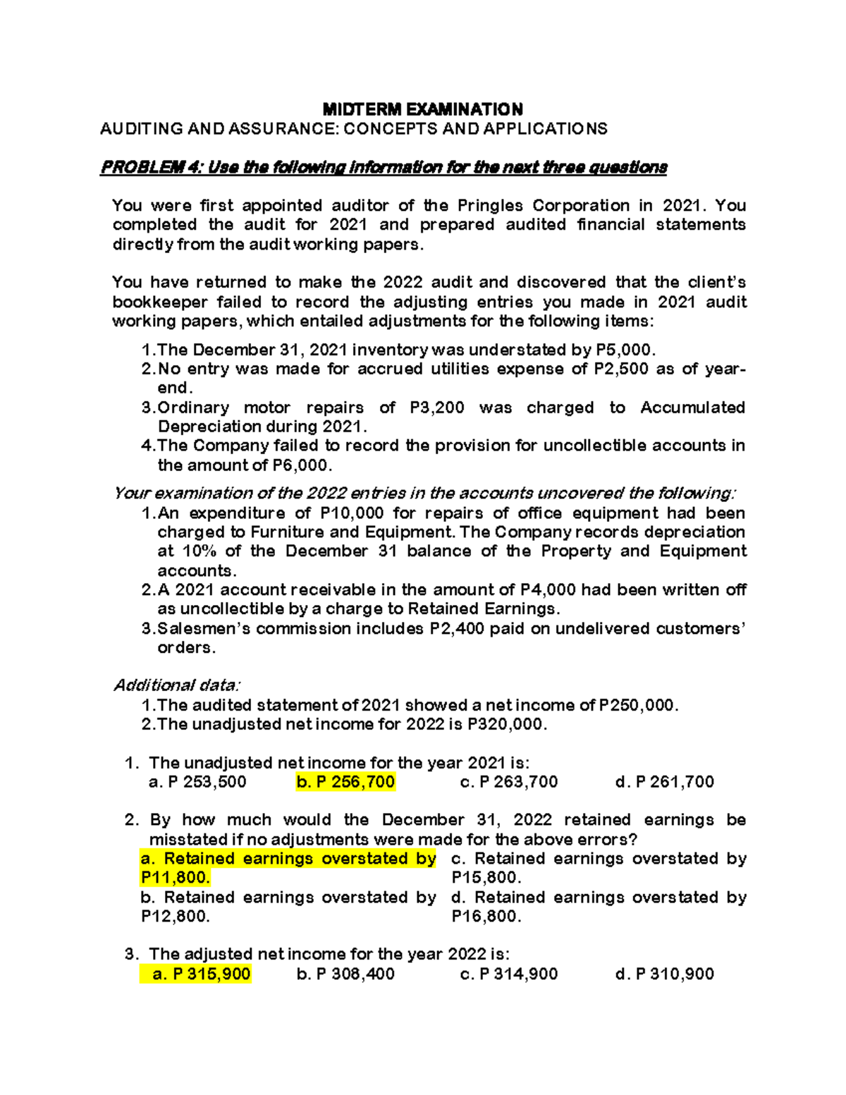 First Corporation - MIDTERM EXAMINATION AUDITING AND ASSURANCE: CONCEPTS AND APPLICATIONS ...