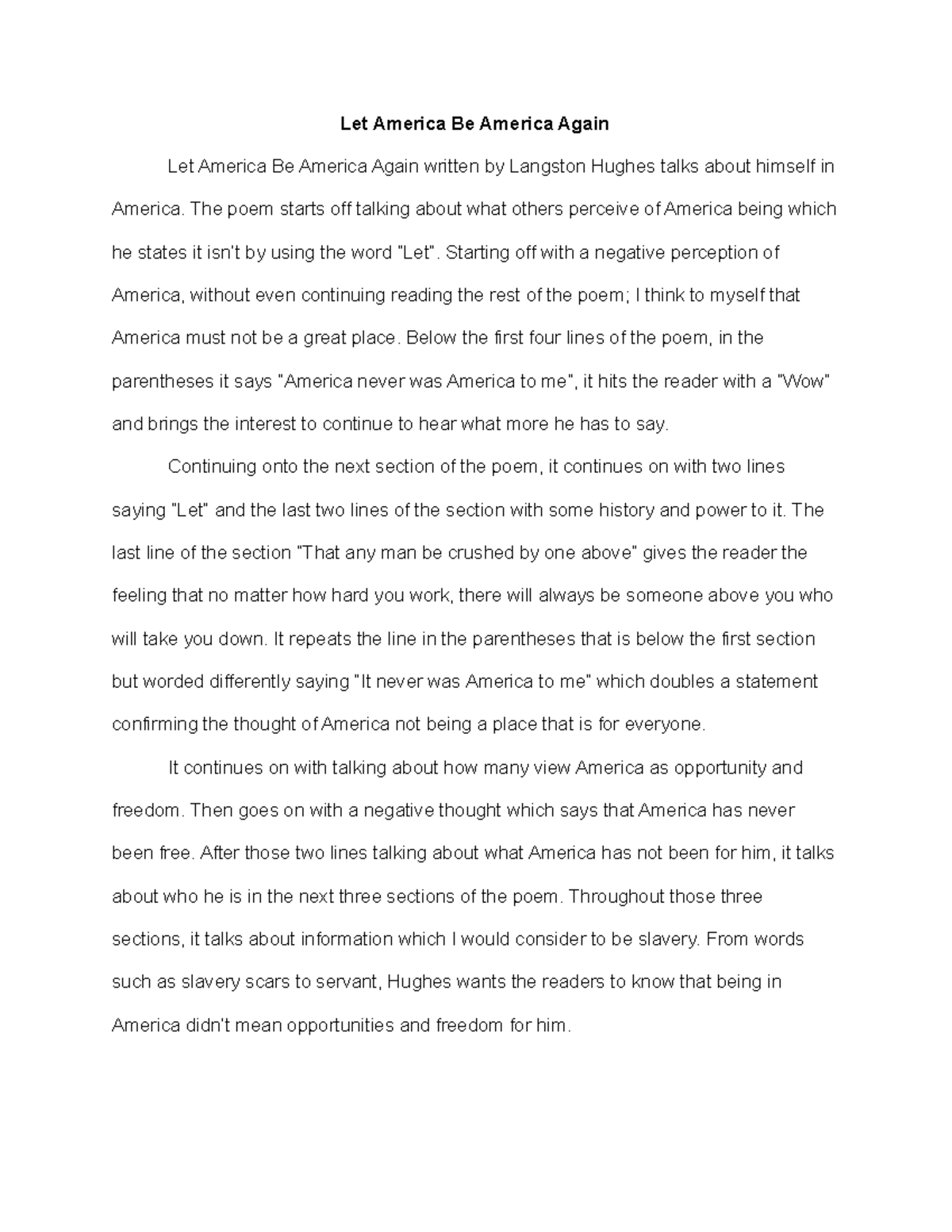 Assignment 2 Poetry - Kimani Lincoln - Let America Be America Again Let ...