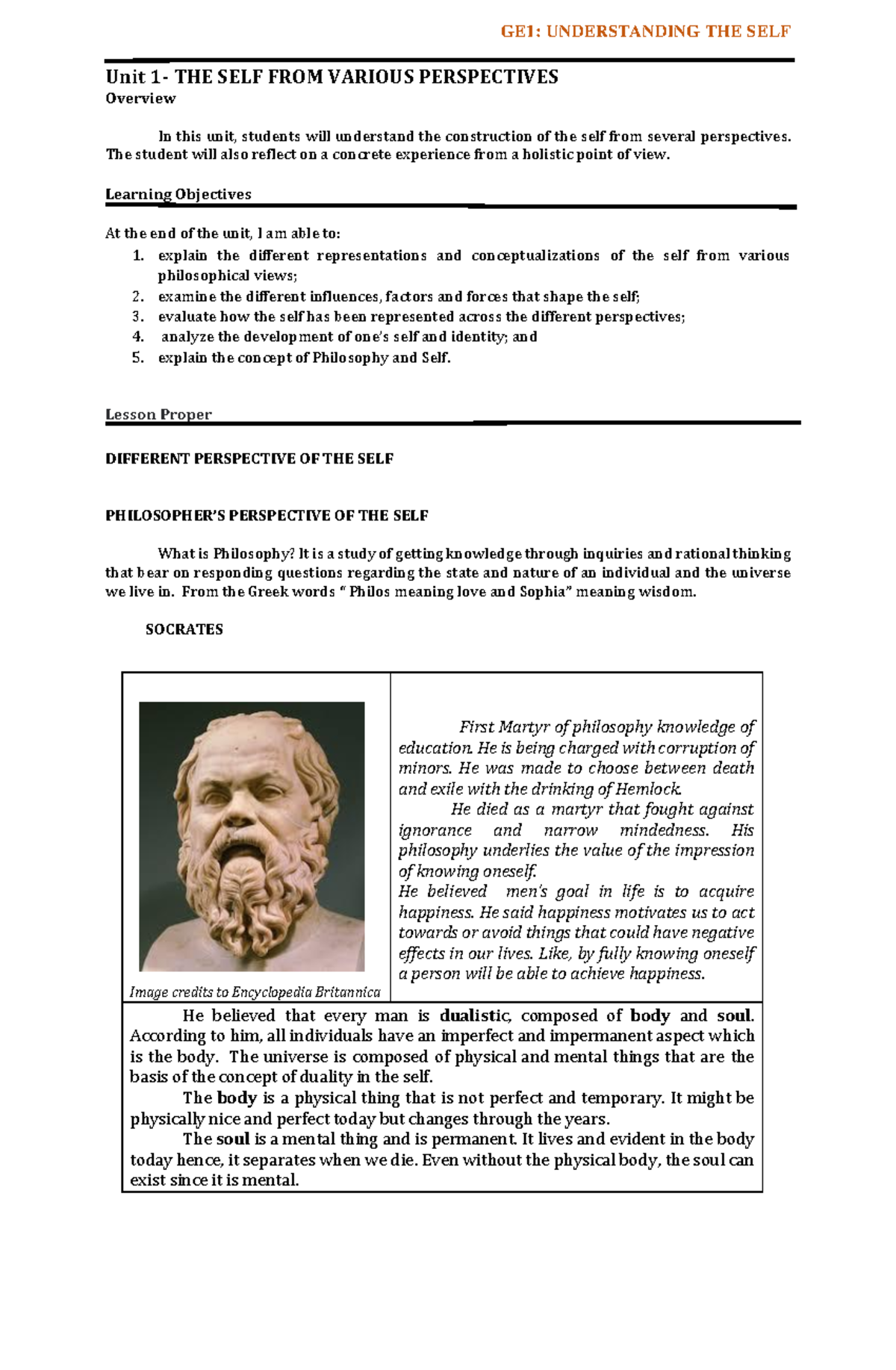 UNIT I - Lesson 1 (THE SELF FROM Various Perspectives) - Unit 1- THE ...