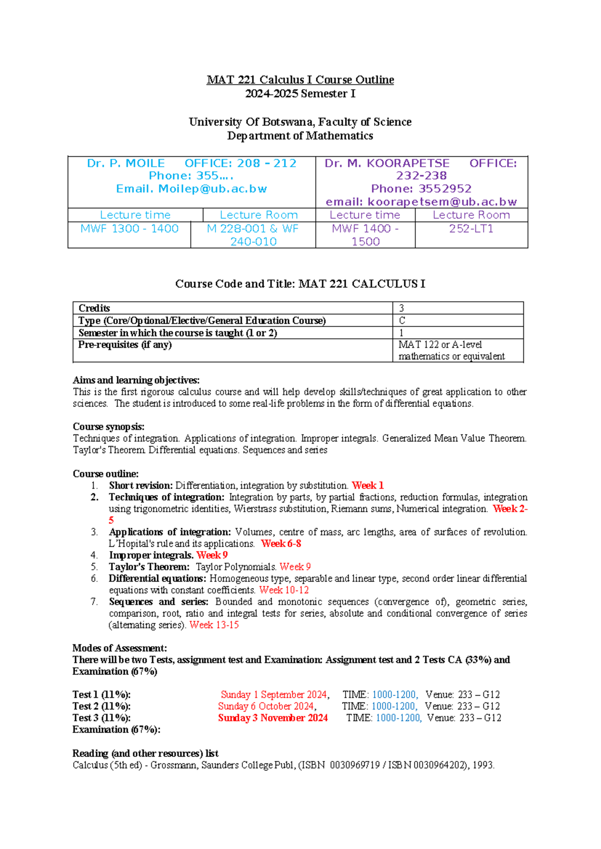 Course outline - Notes - MAT 221 Calculus I Course Outline 2024-2025 ...