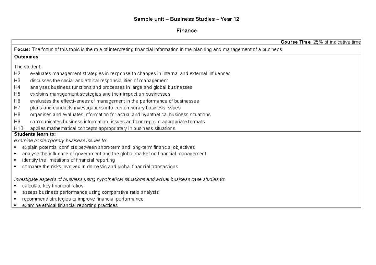 Business-studies-year-12-sample-unit-finance - Sample unit – Business ...