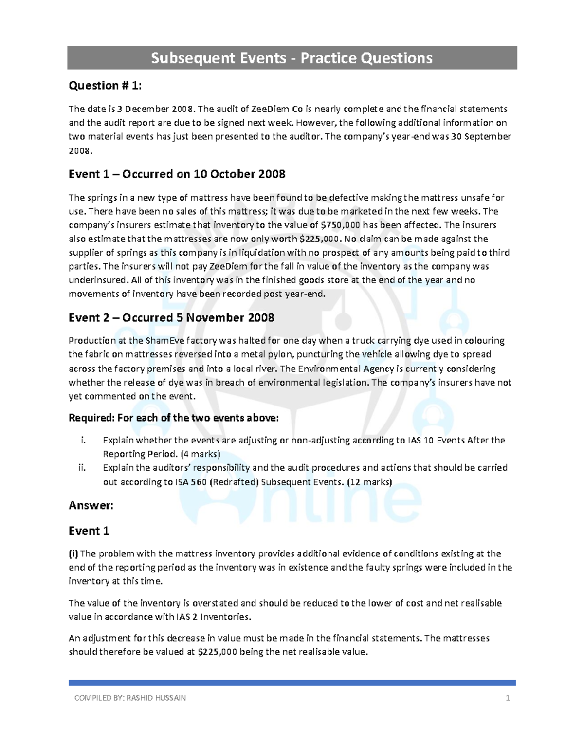 AA - Sub Events Questions - Subsequent Events - Practice Questions ...