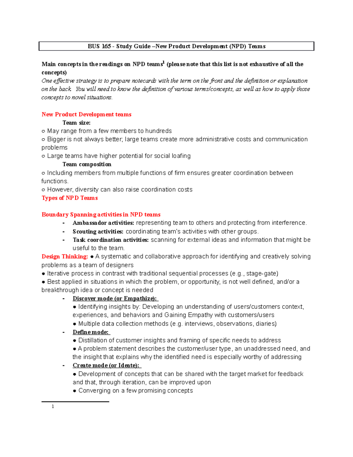 BUS 165 - Study Guide - NPD teams - BUS 165 - Study Guide –New Product ...