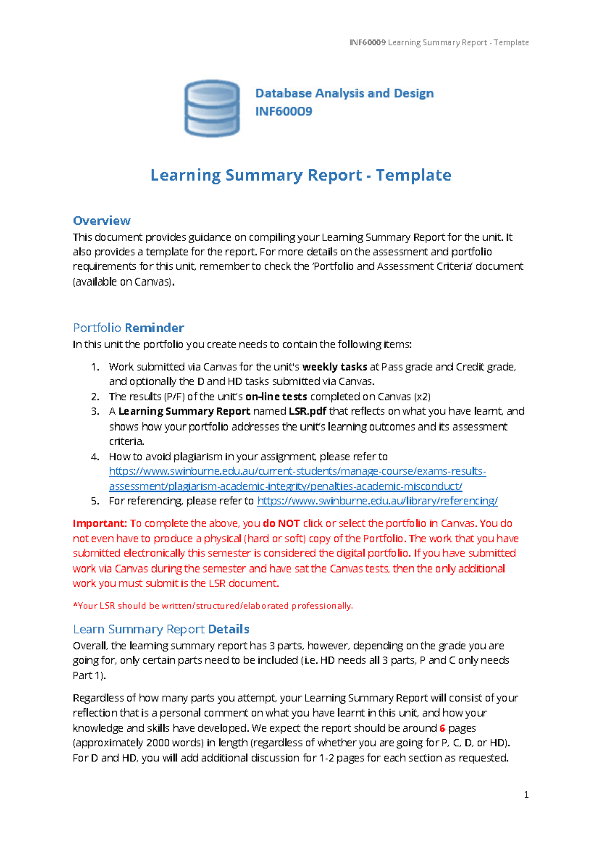 Inf60009 Lsr Lsr Templates Learning Summary Report Template Overview This Document