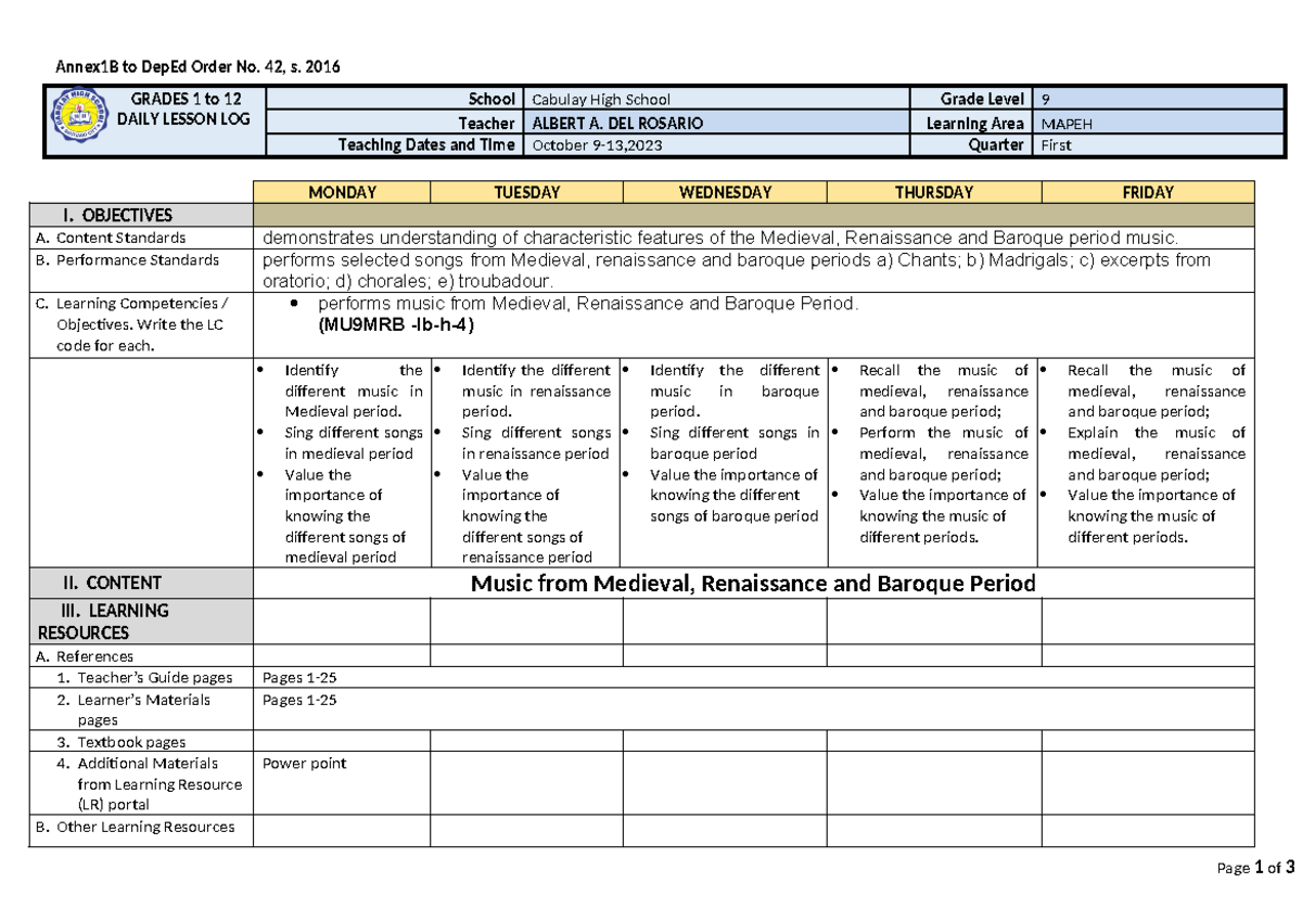 DLL Mapeh PE9 Q1 W6 - dll - Annex1B to DepEd Order No. 42, s. 2016 ...