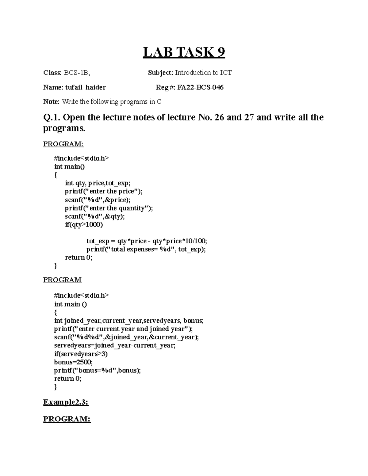 LAB TASK 9 - aldmcsdl - LAB TASK 9 Class: BCS-1B, Subject: Introduction to ICT Name: tufail ...
