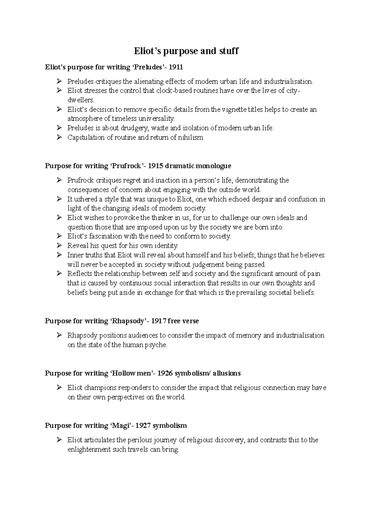 Eliot purpose and stuff - Eliot’s purpose and stuff Eliot’s purpose for ...