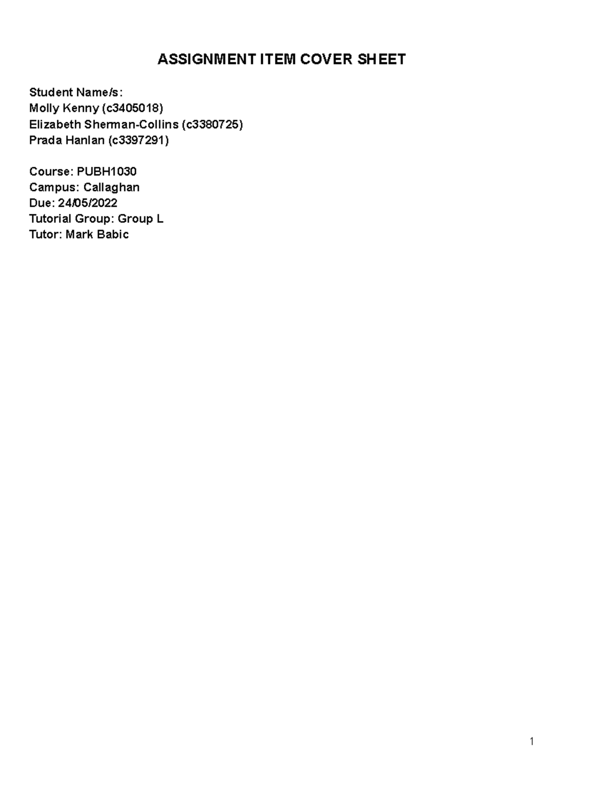 PE assessment- Session Plan. Molly, Libby, Prada - ASSIGNMENT ITEM COVER SHEET Student Name/s ...