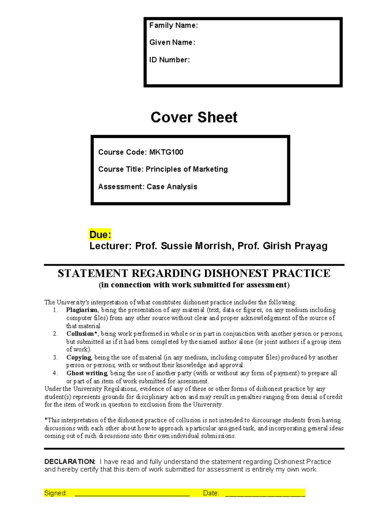 MKTG100 23 s1 cover sheet - Cover Sheet Due: Lecturer: Prof. Sussie ...