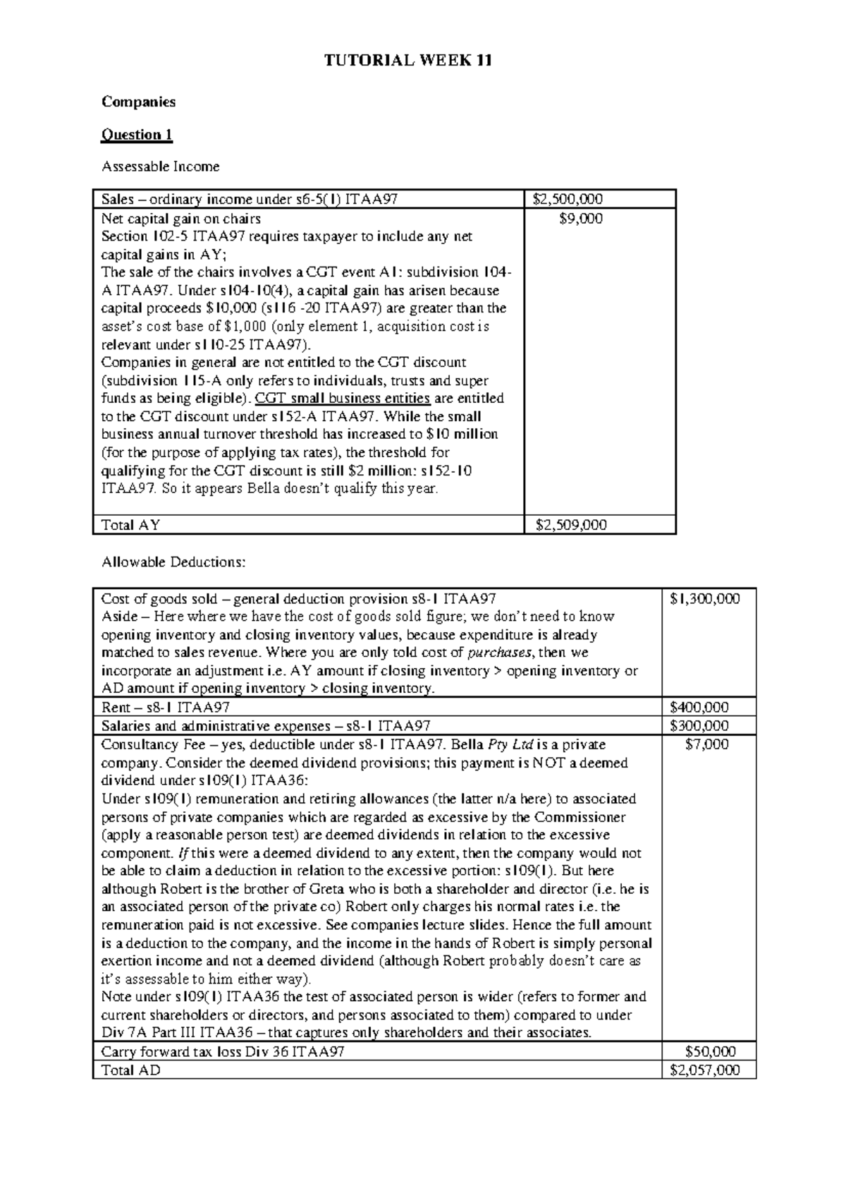 Tutorial 10 Week 11 - Solution - Companies Question 1 Assessable Income ...