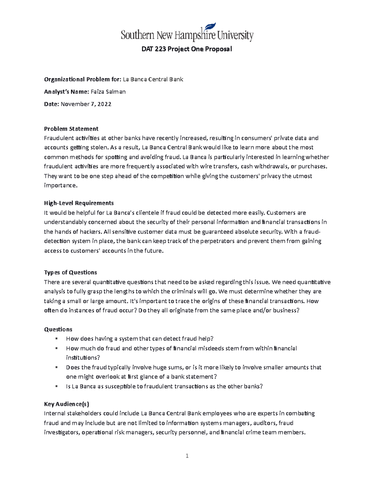 DAT-223 Project One Proposal - DAT 223 Project One Proposal Organizational Problem for: La Banca ...