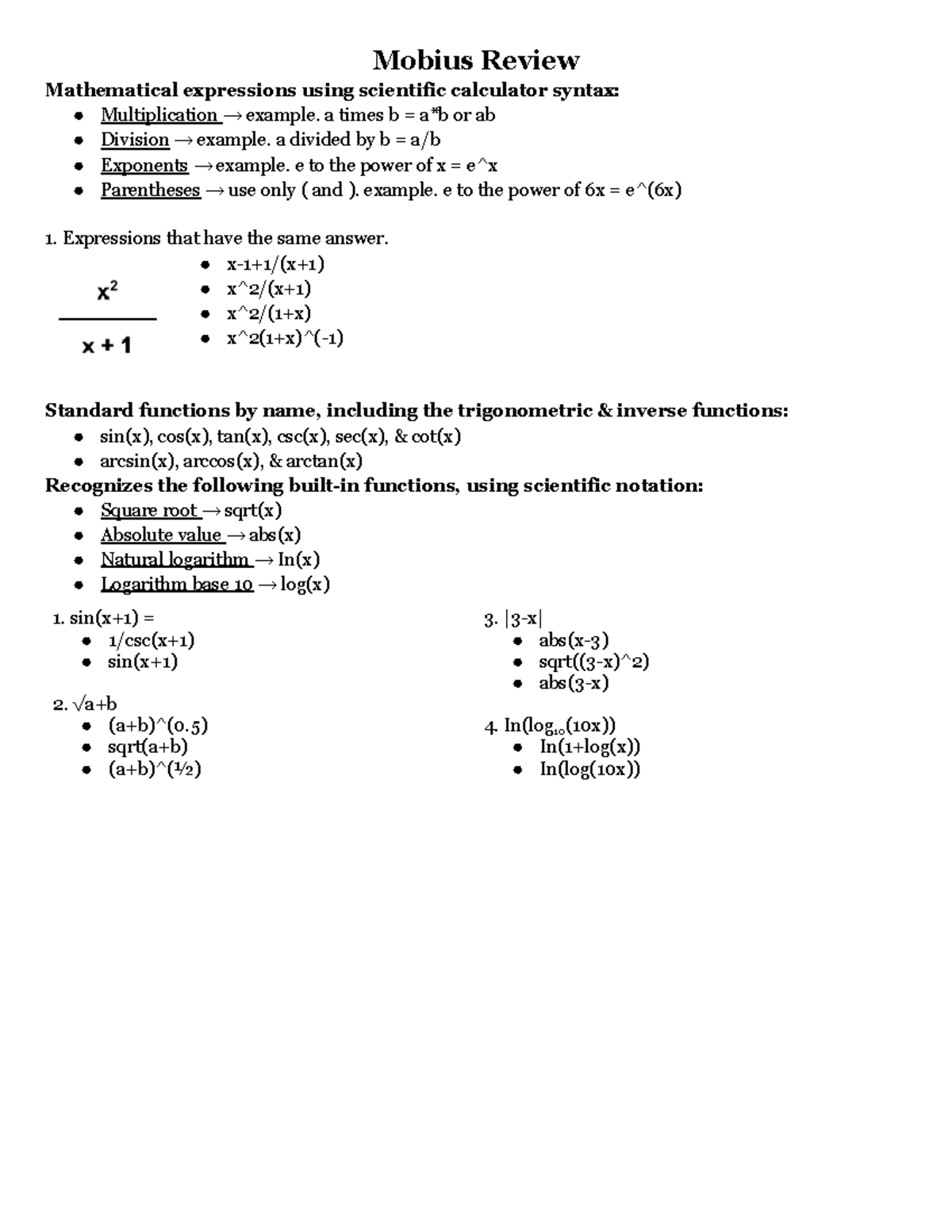 MAT1339 Mobius Review - Mobius Review Mathematical expressions using scientific calculator ...