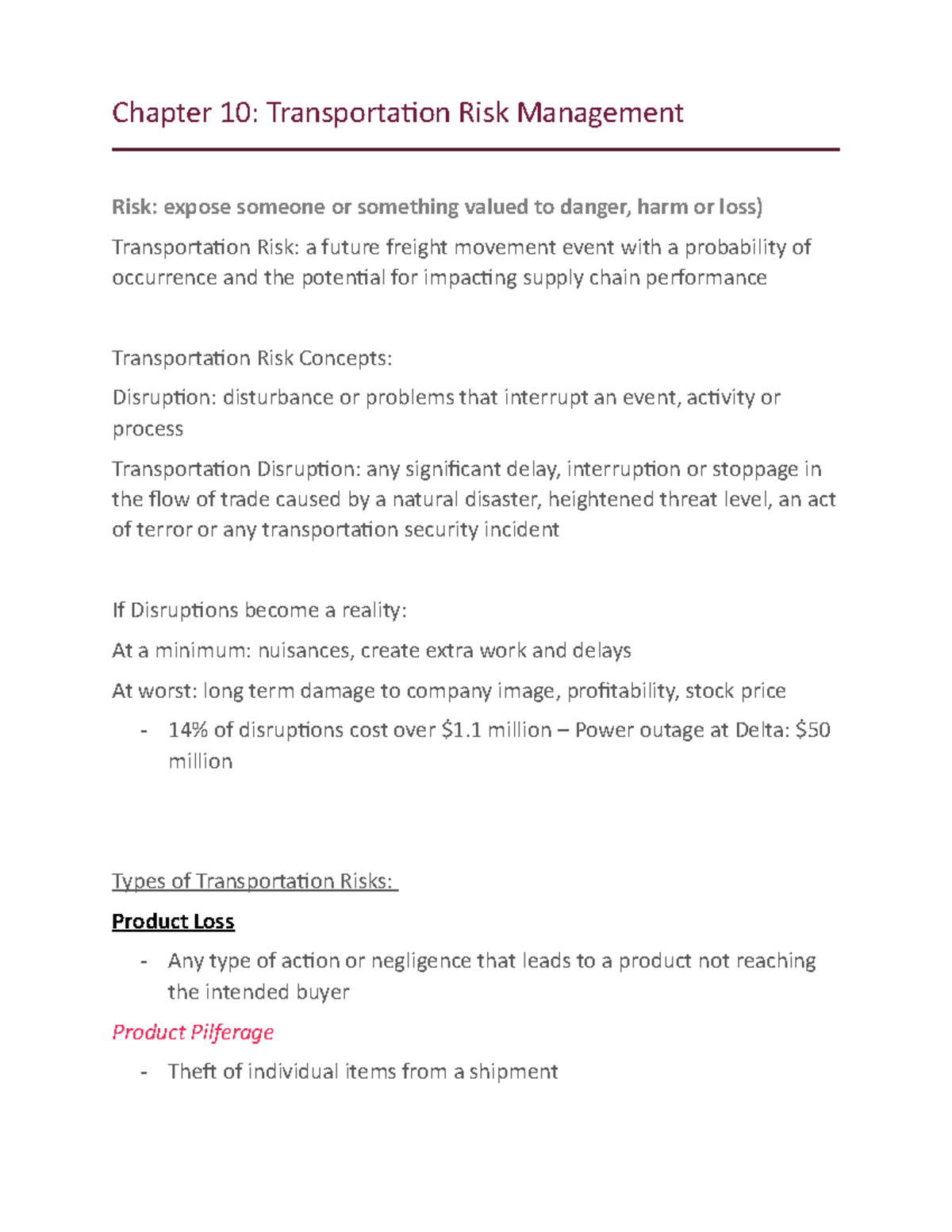 Chapter 10 Transportation Risk Management SCMN 3720 - Chapter 10 ...