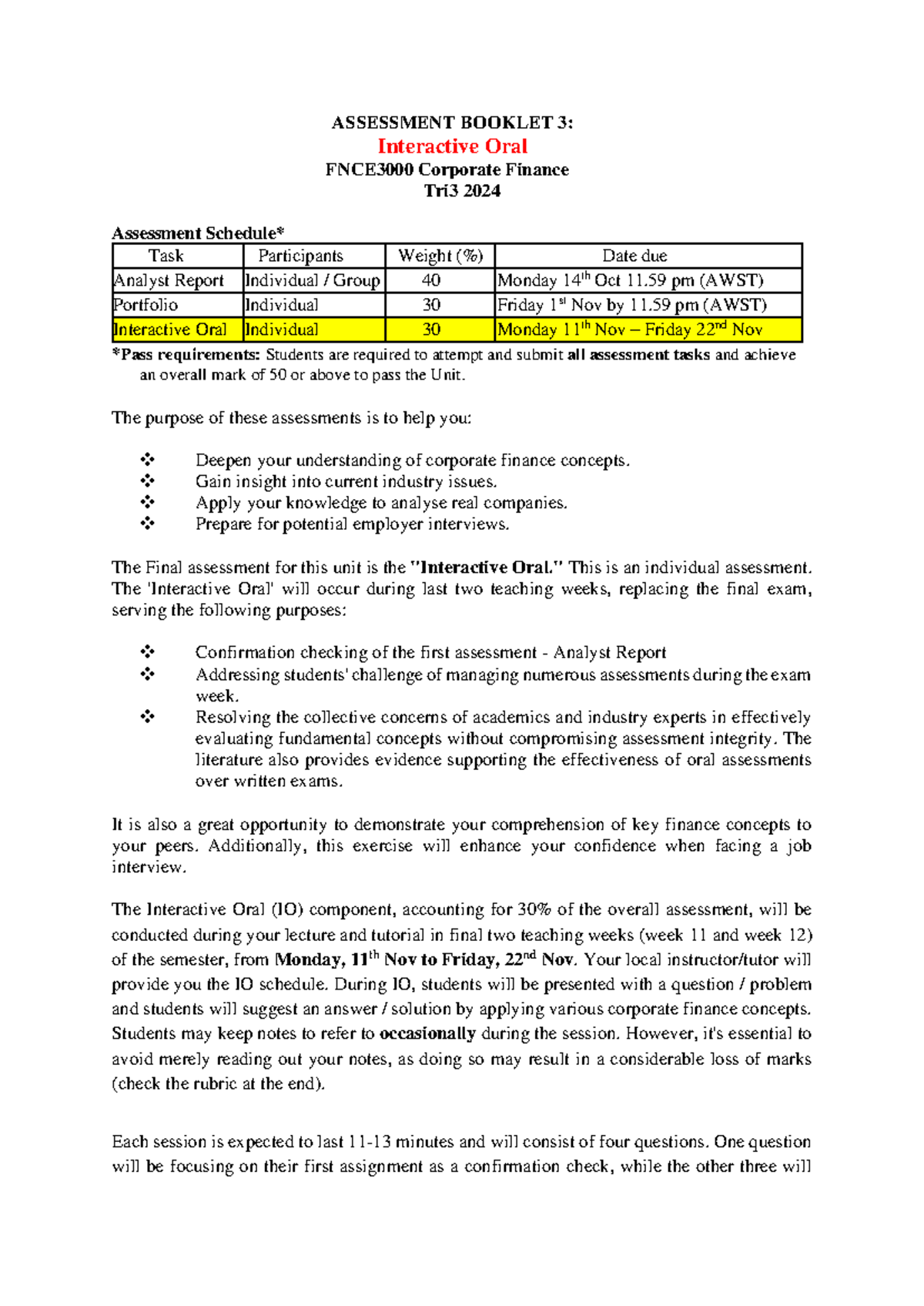 Assessment Booklet 3 Interactive Oral FNCE3000 Tri3 2024 - ASSESSMENT ...