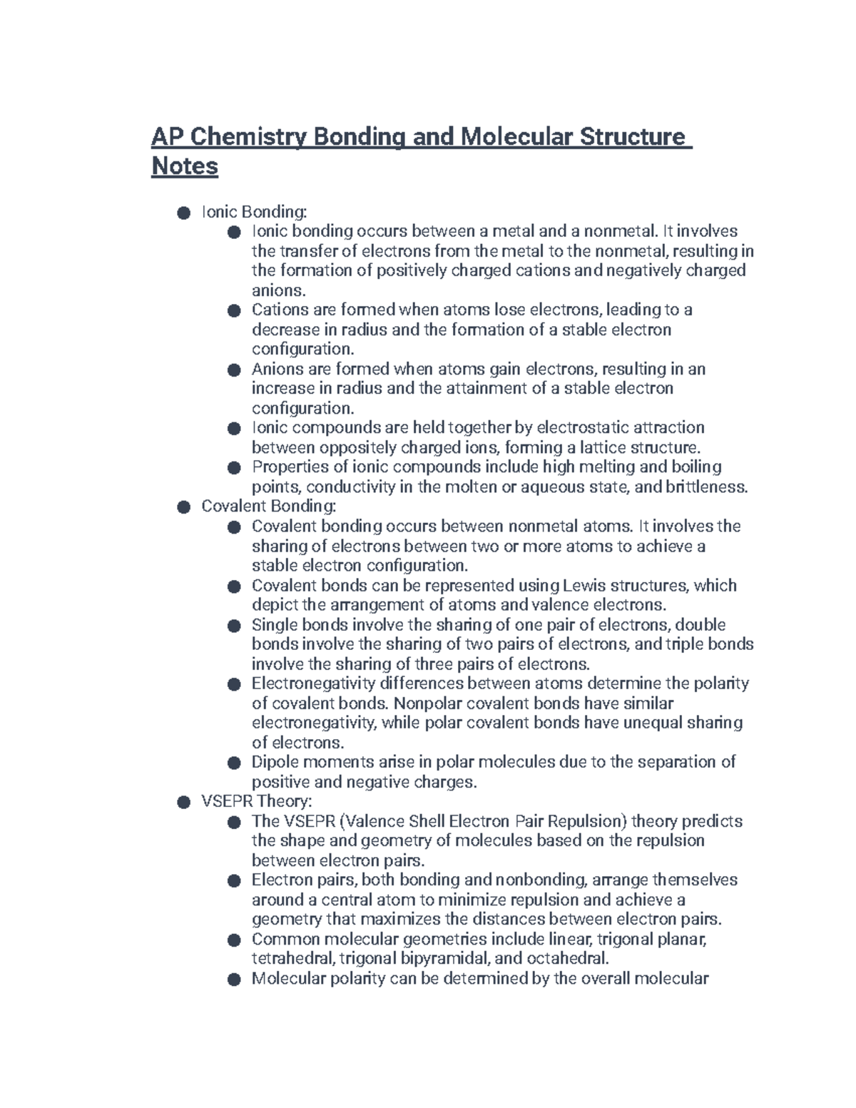 AP Chemistry Bonding and Molecular Structure Notes - AP Chemistry ...
