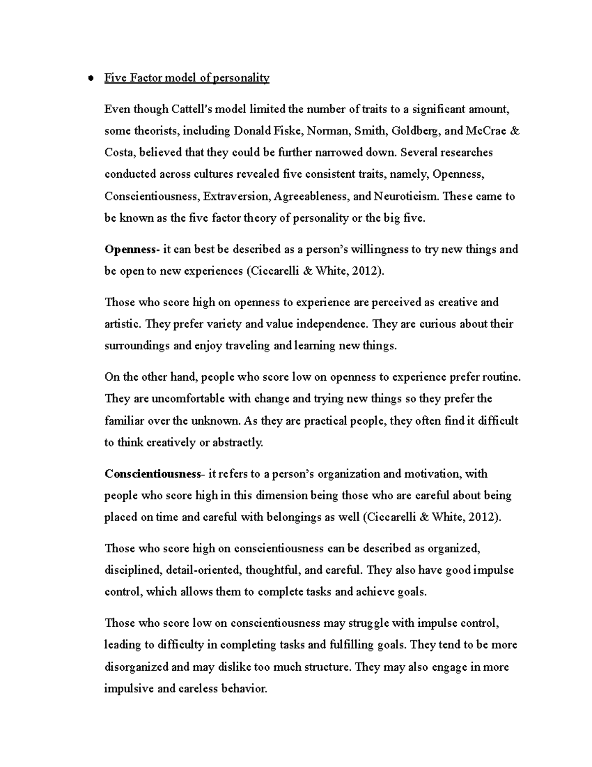 Five Factor model of personality - Several researches conducted across ...