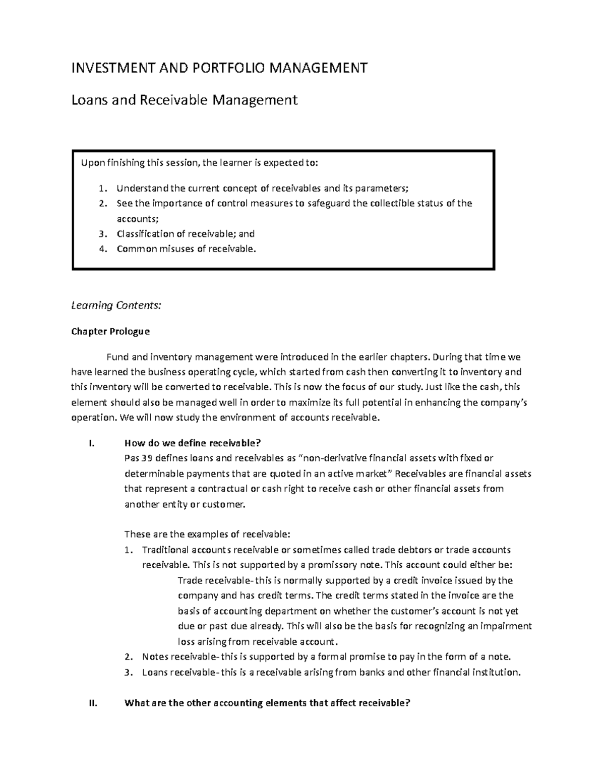 Chapter 2 Loans and Receivable Mgnt - INVESTMENT AND PORTFOLIO ...