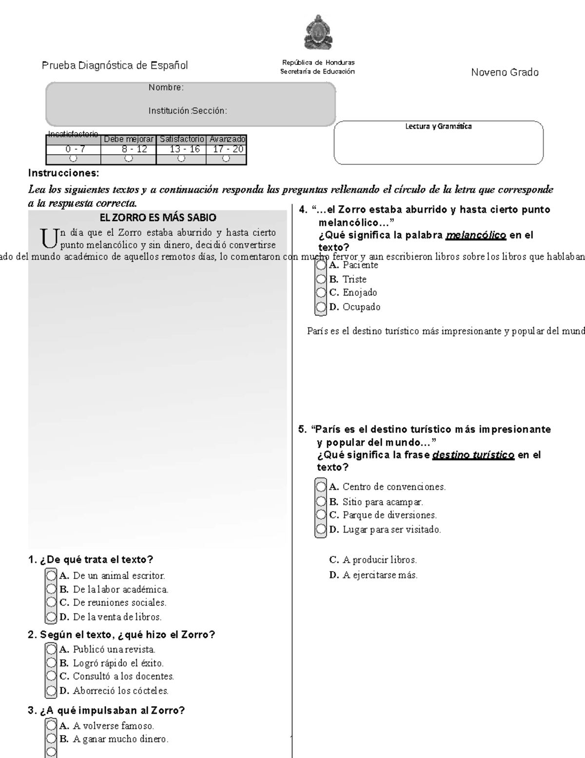 Prueba Diagnóstica 9º Español (2011 ) - 1 Nombre: Institución:Sección ...