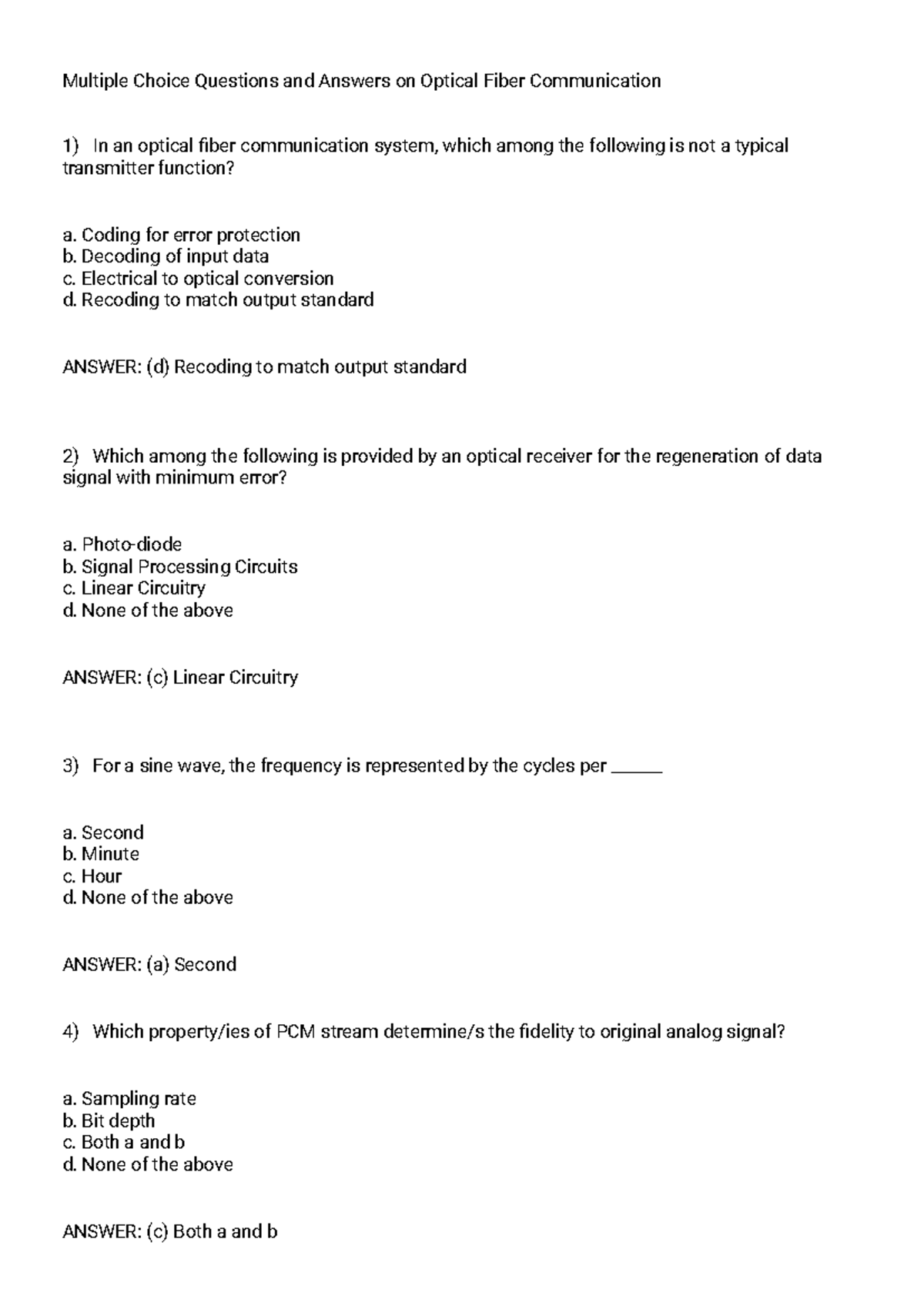 PHY110 Unit 1,2 MCQ'S - ok mbnn - Multiple Choice Questions and Answers on Optical Fiber - Studocu