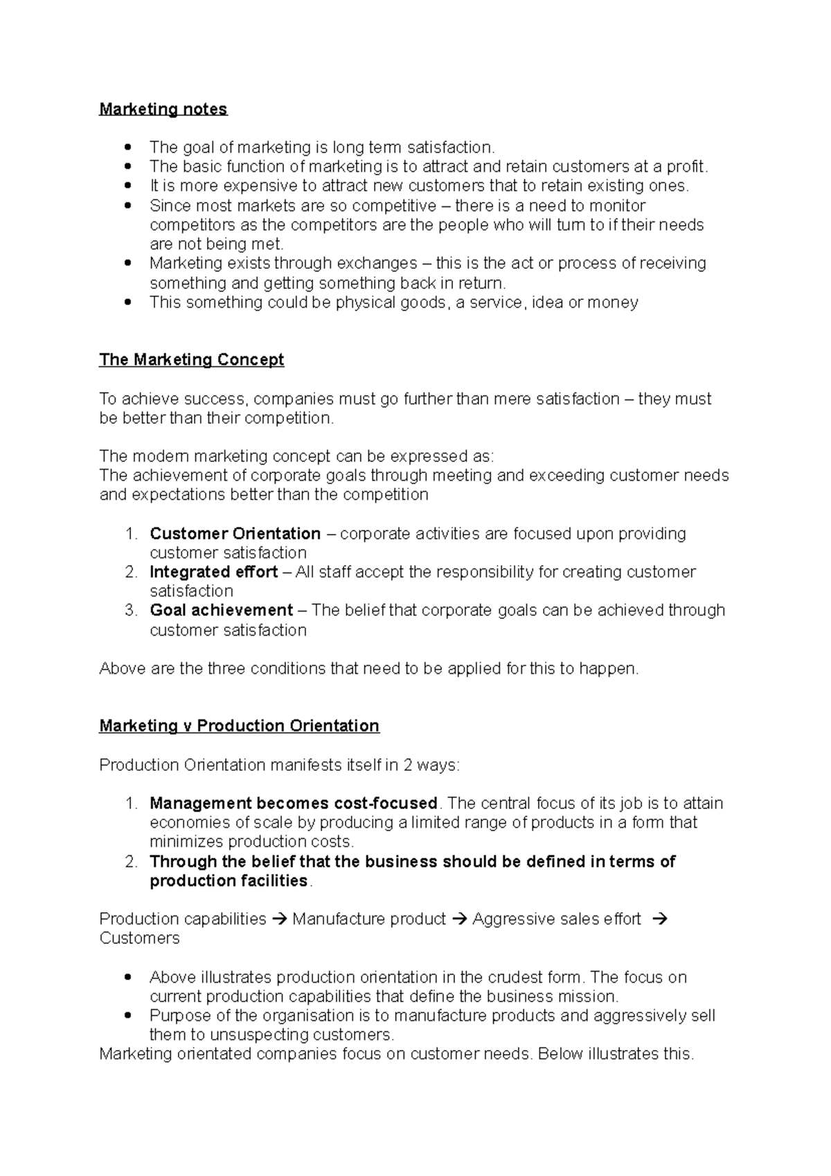 Marketing notes - Marketing notes The goal of marketing is long term ...