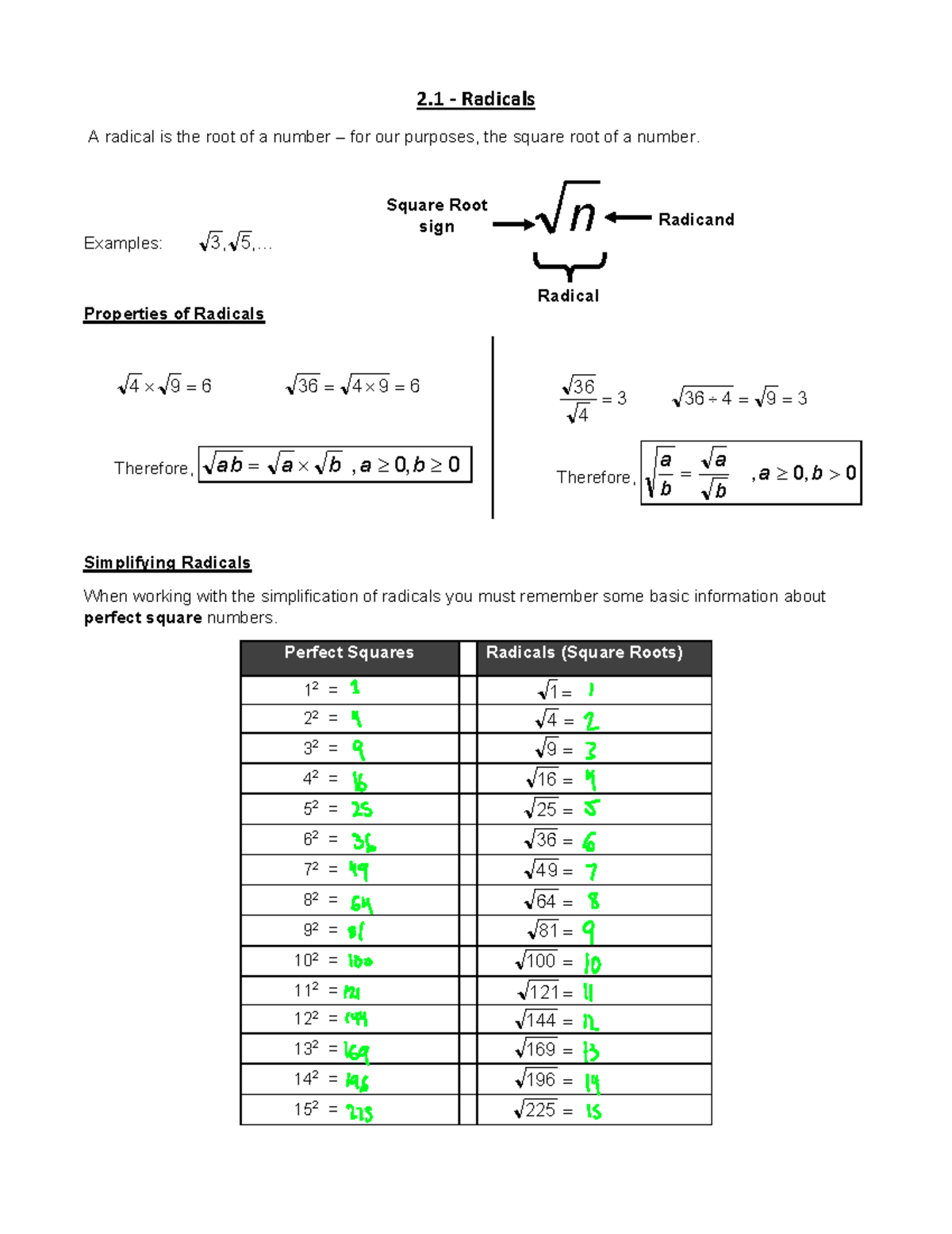 2.1 - Radicals - Math - 2 - Radicals A radical is the root of a number ...