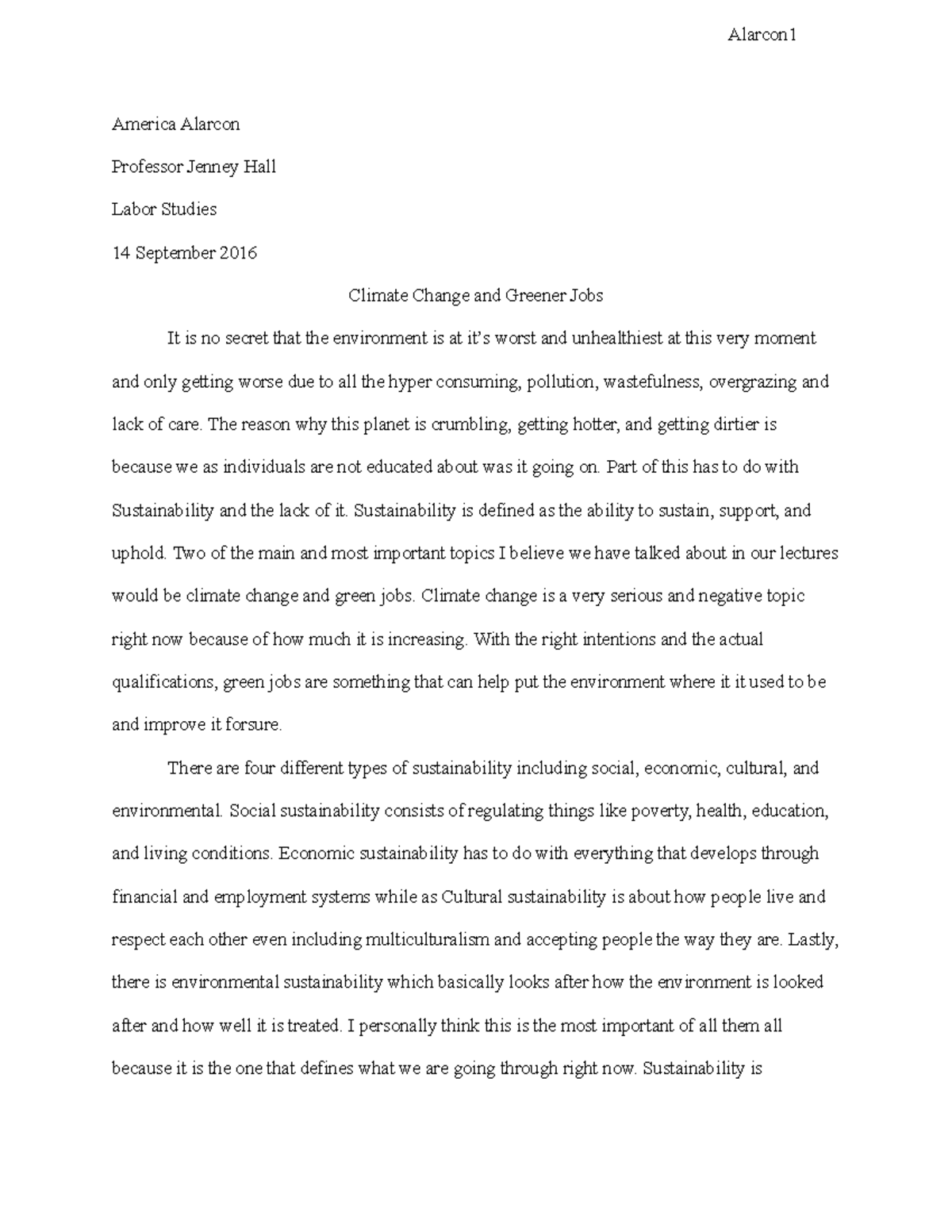 Essay Green Jobs - Alarcon1 America Alarcon Professor Jenney Hall Labor ...