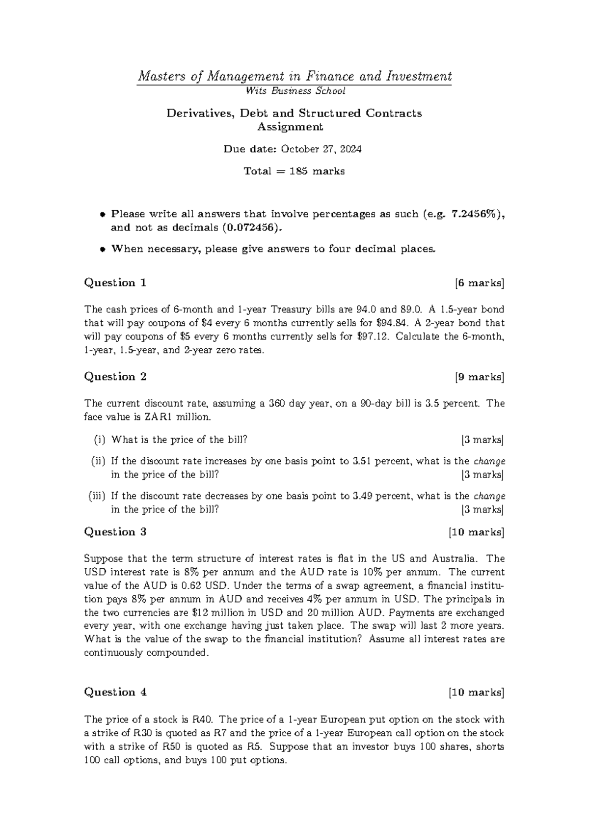 Assignment 2024 - Masters of Management in Finance and Investment Wits ...