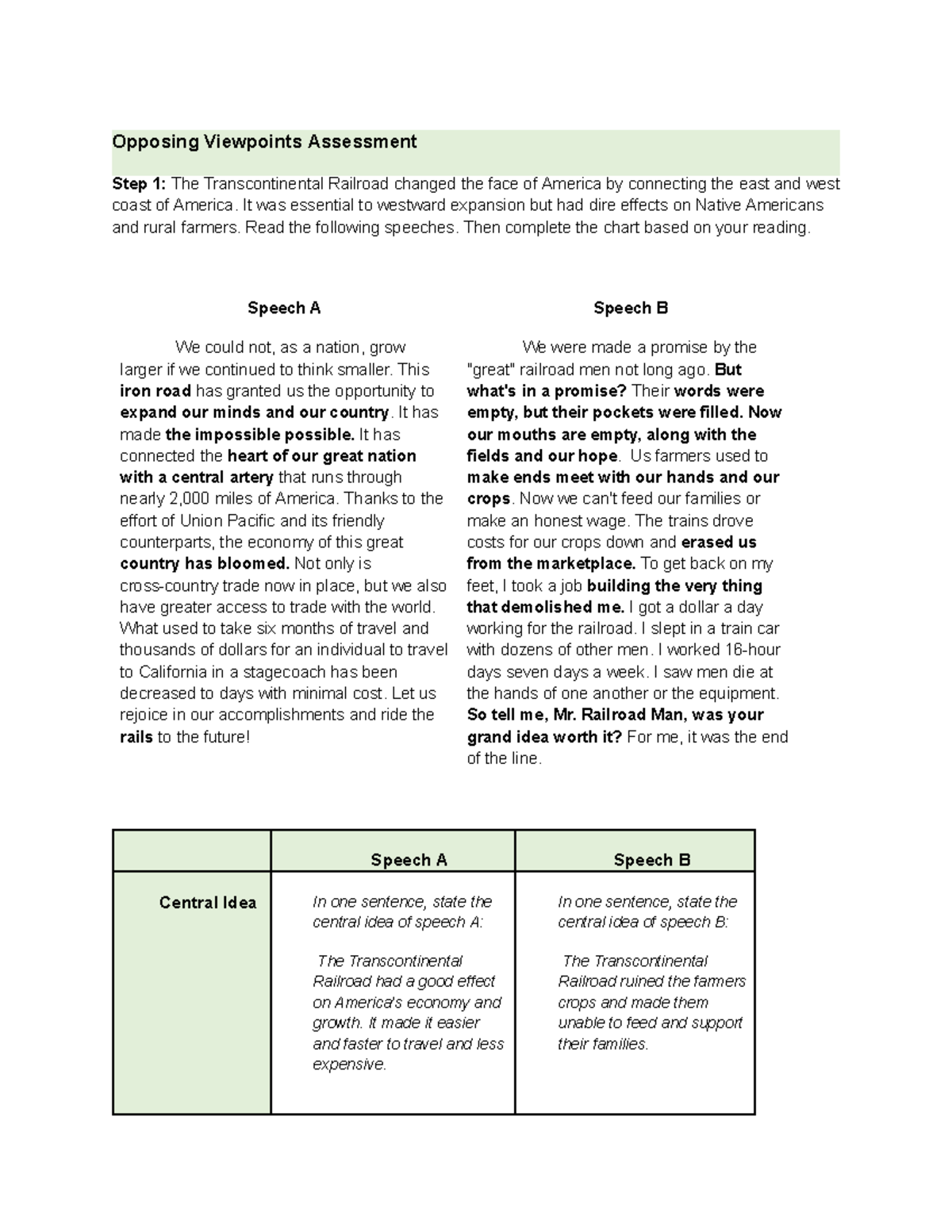 Opposing Viewpoints Assessment - It was essential to westward expansion ...