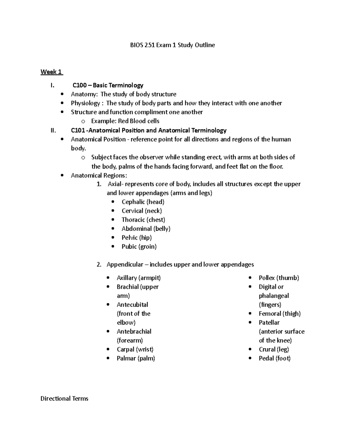 Ouline Weeks 1-2 - BIOS 251 Exam 1 Study Outline Week 1 I. C100 – Basic ...
