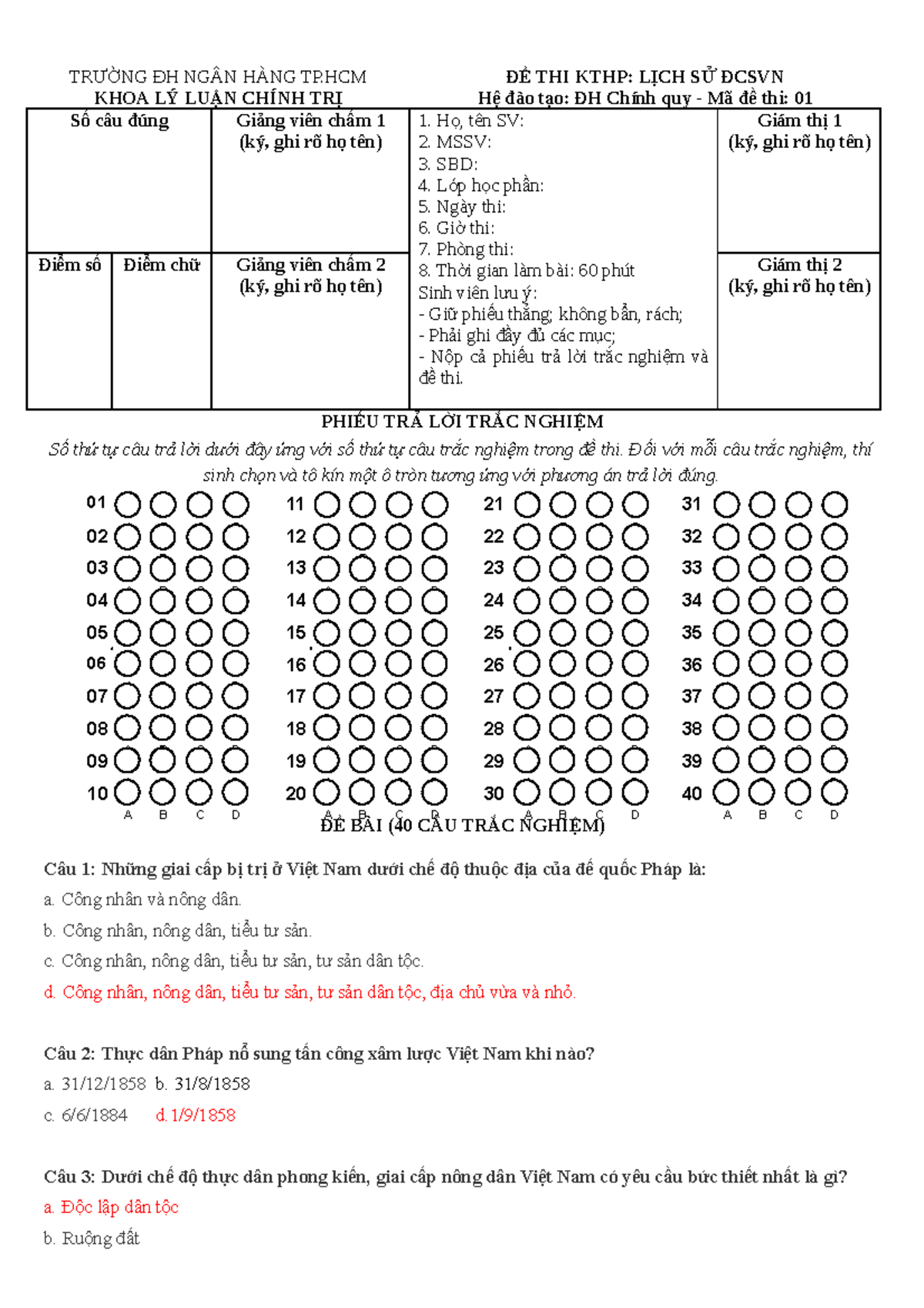 Đề thi LSD mẫu 01 - de thi lich su dang khong biet dung khong nua - TR ƯỜNG ĐH NGÂN HÀNG TP KHOA ...