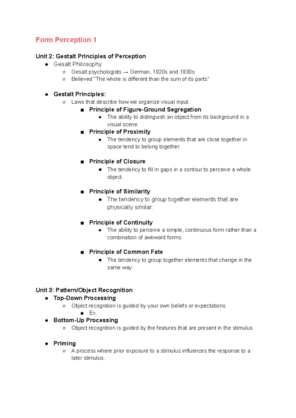 Form Perception 1 and 2 - Form Perception 1 Unit 2: Gestalt Principles ...