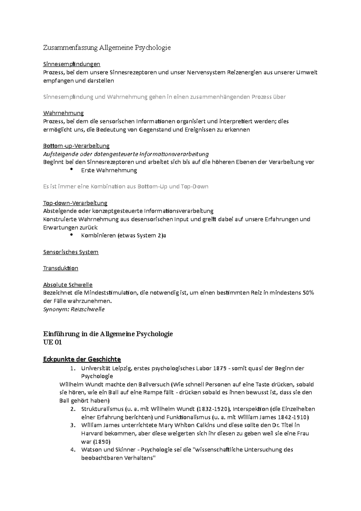 Zusammenfassung Allgemeine Psychologie, Zusammenfassung der Unterrichtsfolien - Zusammenfassung ...