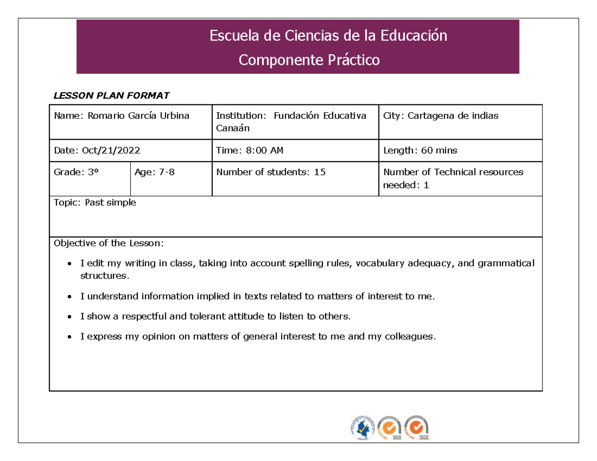 Task 3- Lesson Plan Format-Romario García Urbina - Componente Pr·ctico LESSON PLAN FORMAT Name ...