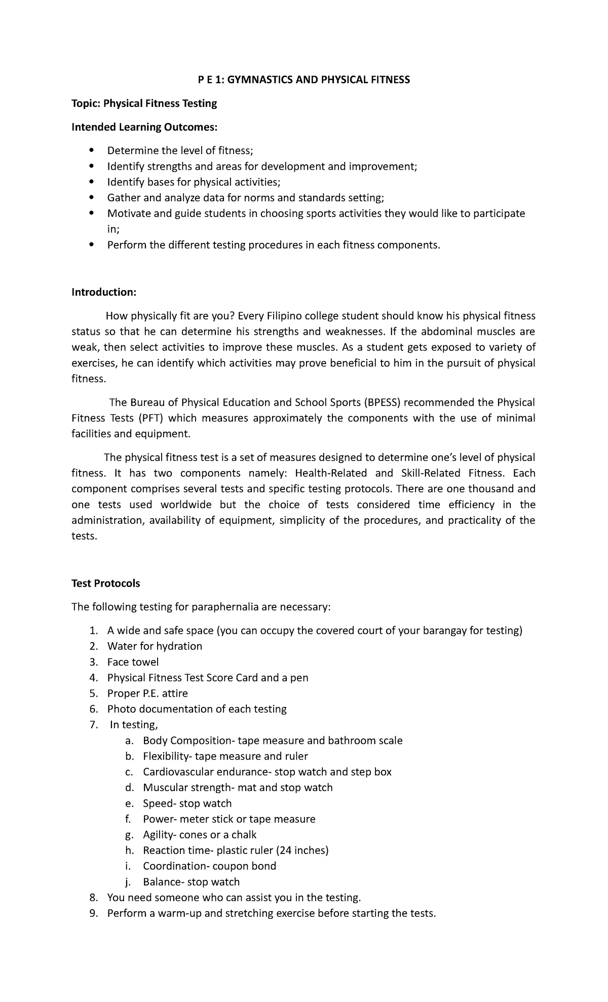 PE 1 2nd Learning Activity - P E 1: GYMNASTICS AND PHYSICAL FITNESS ...