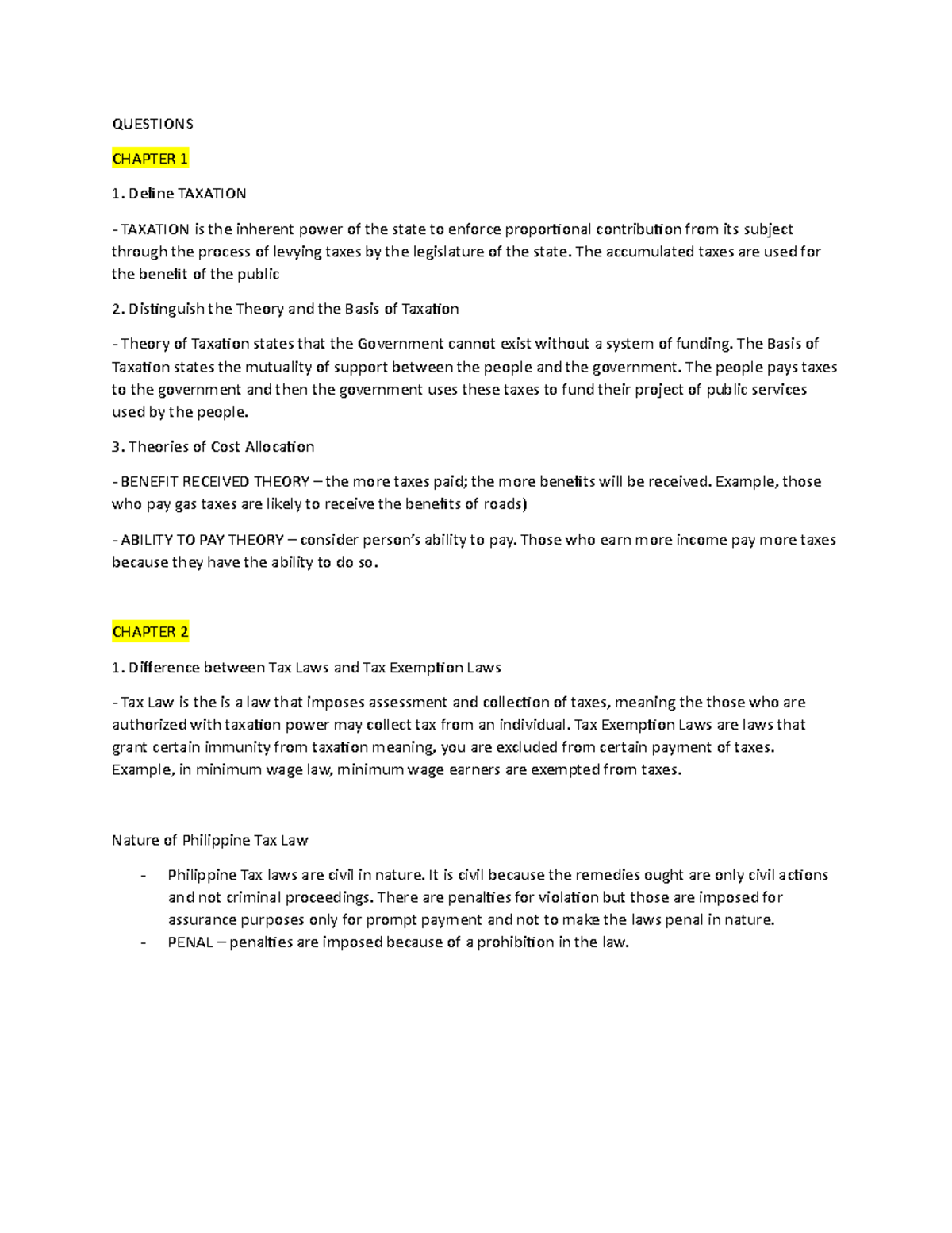 Chapter 1 - Notes from Income Taxation - QUESTIONS CHAPTER 1 Define ...