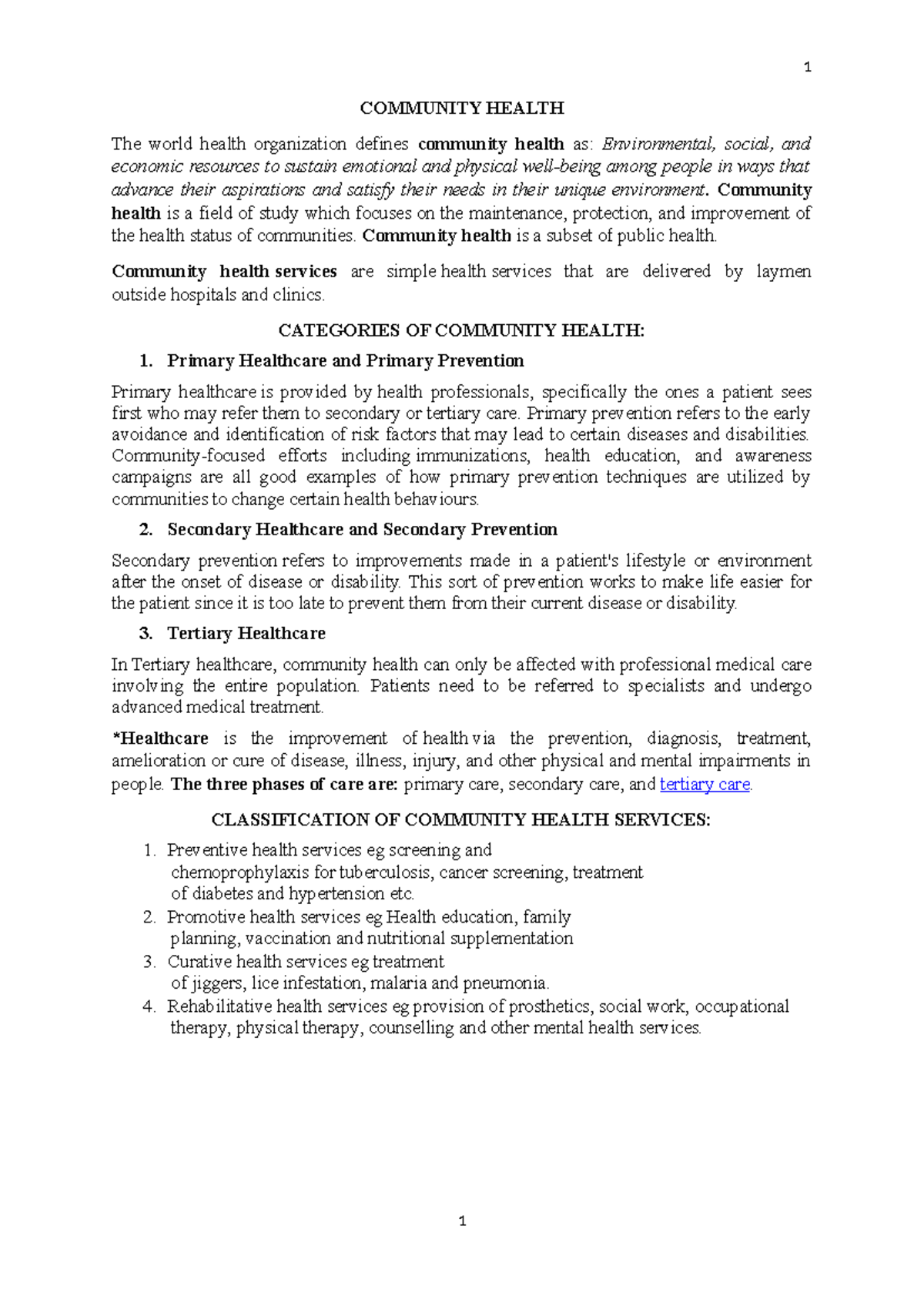 Community Health Notes PART I - COMMUNITY HEALTH The world health ...