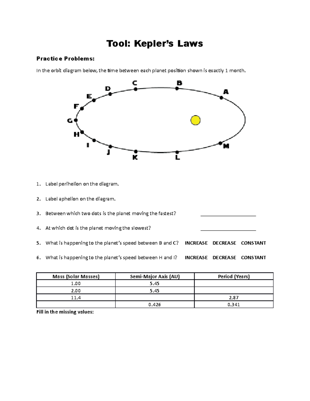 Keplers Laws - Practice - Tool: Kepler’s Laws Practice Problems: In the ...