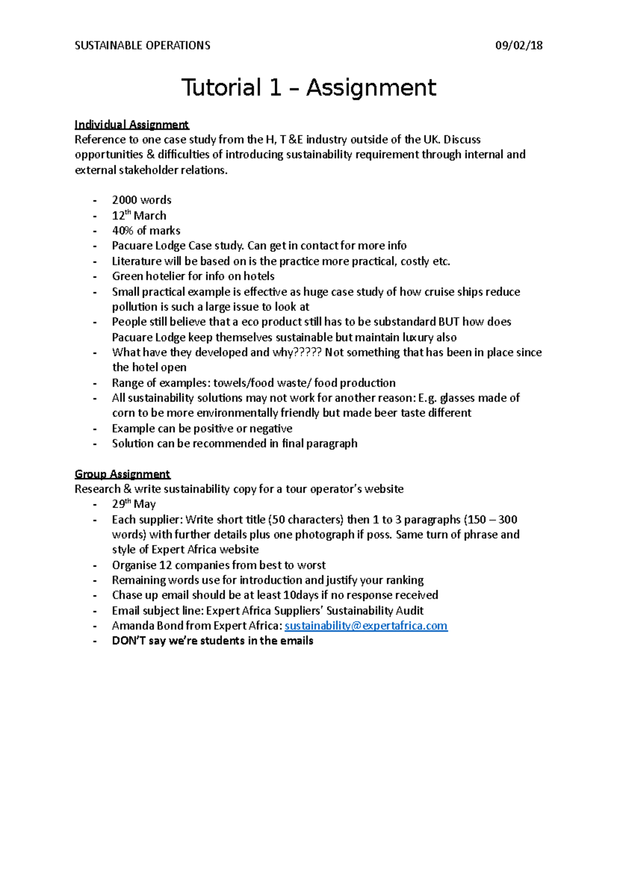 Tutorial 1 – Assignments - SUSTAINABLE OPERATIONS 09/02/ Tutorial 1 ...