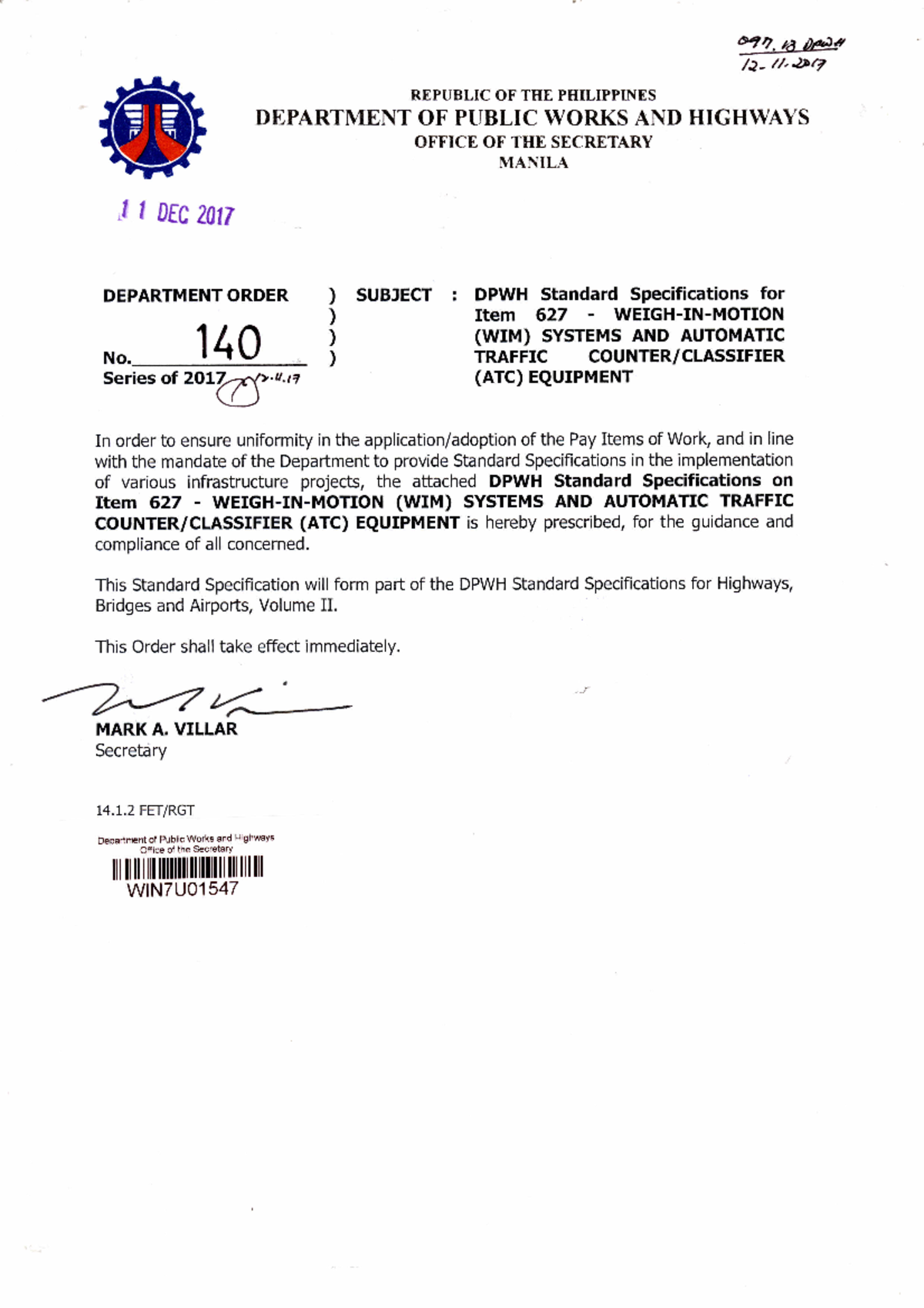DO 140 s2017 - assignment dpwh - ~'J. ~~ u~~ I~_ 1/,~q ####### REPUBLIC ...