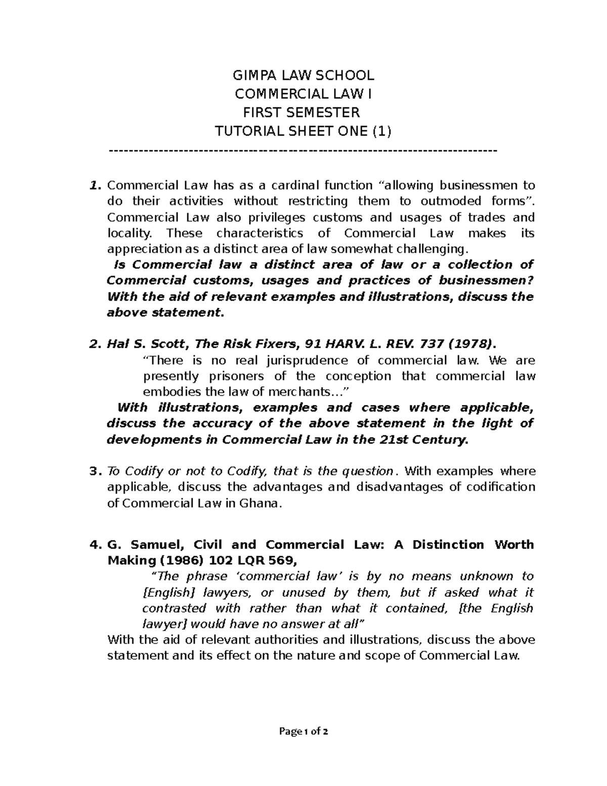 Commercial Tutorial Sheet 1 - 2022 - GIMPA LAW SCHOOL COMMERCIAL LAW I ...
