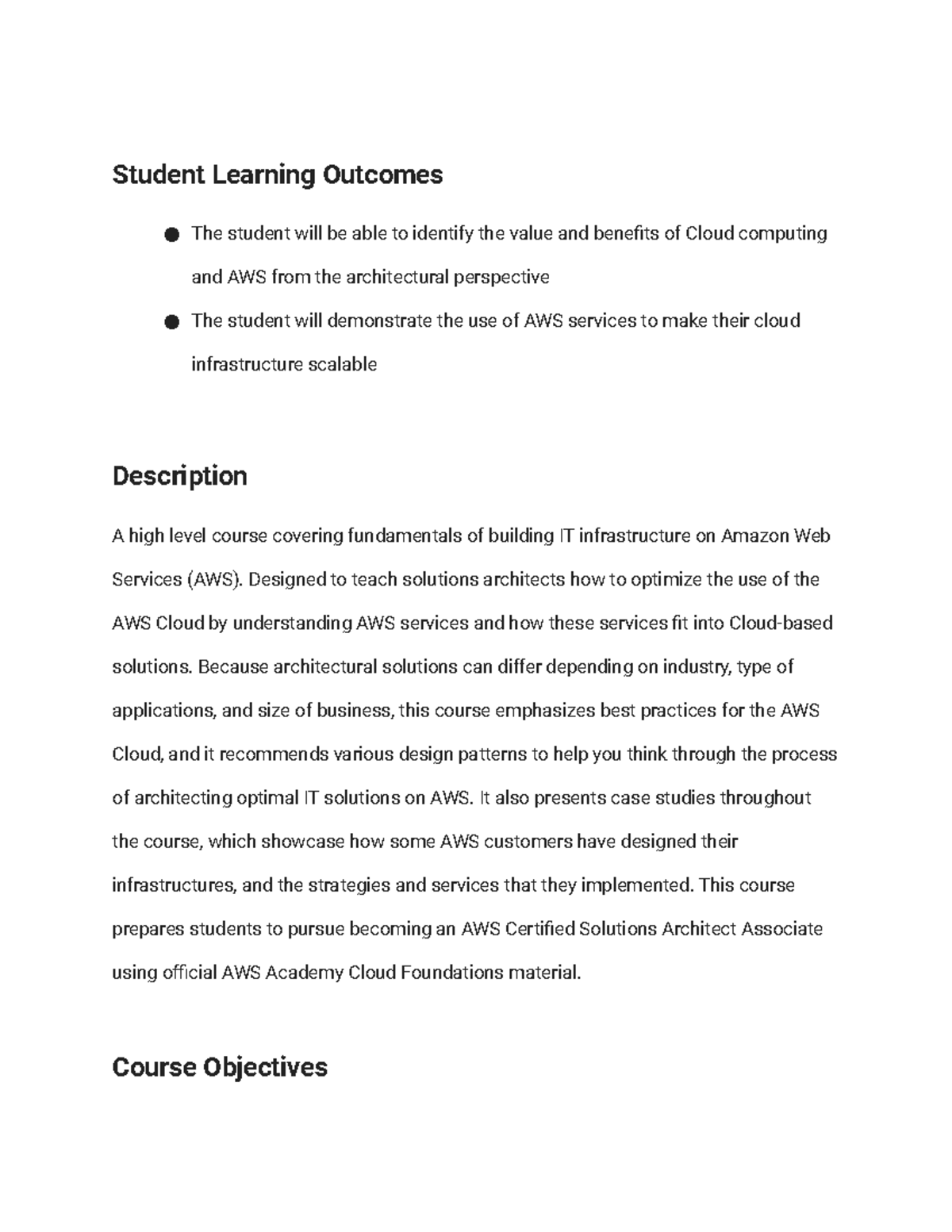 Student Learning Outcomes high level course - Student Learning Outcomes ...